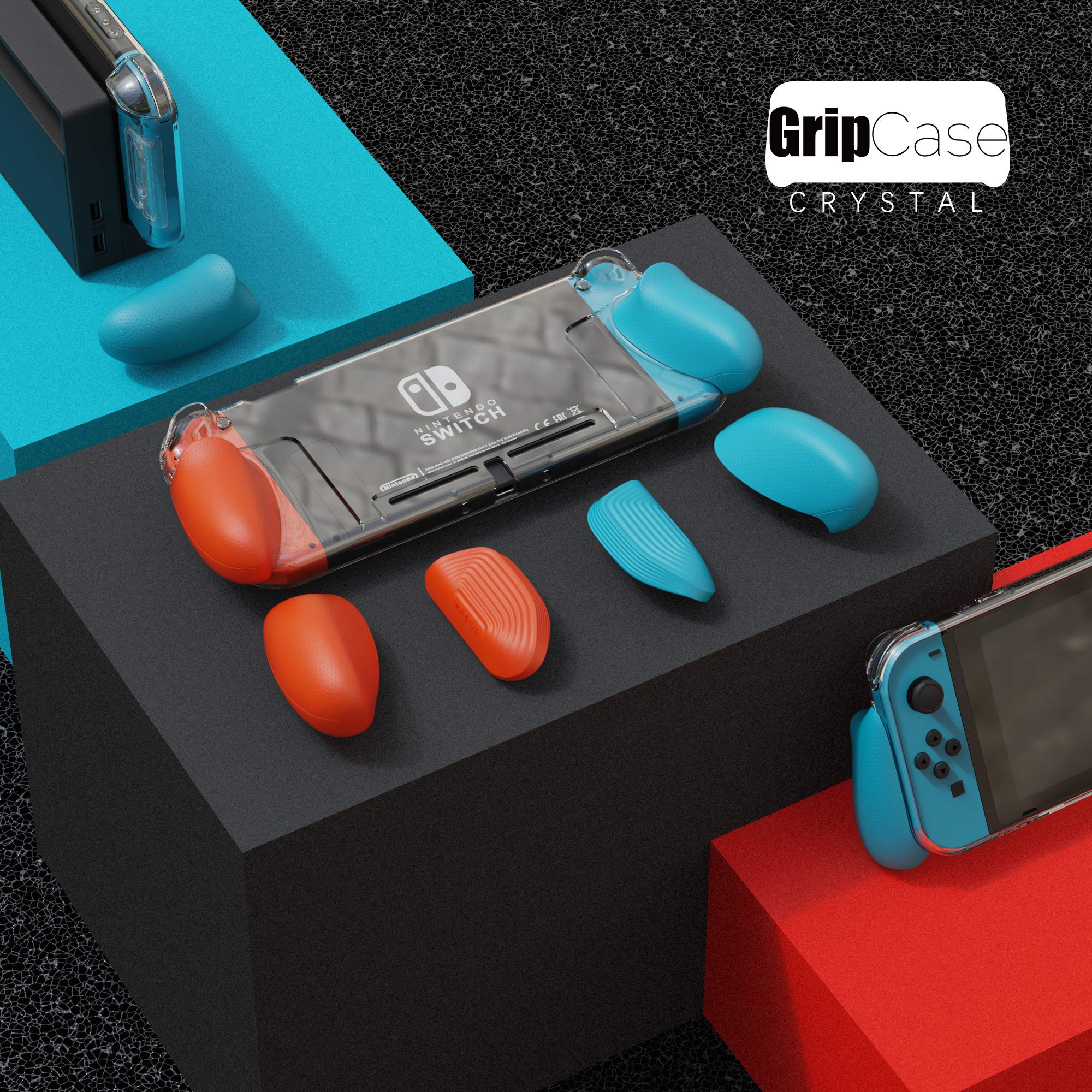 Skull & Co. GripCase Crystal: A Dockable Transparent Protective Cover Case with Replaceable Grips [to fit All Hands Sizes] for Nintendo Switch [No Carrying Case] - Gray