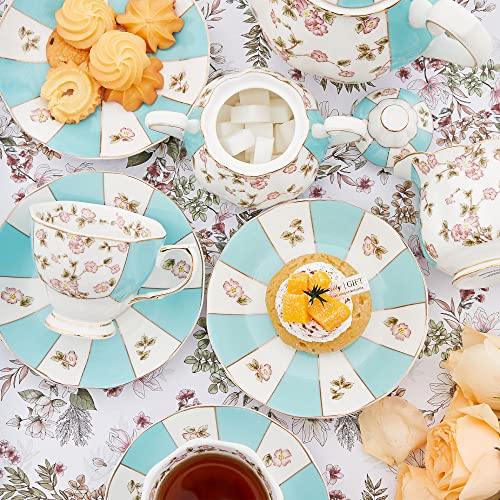 MOSTDEN Fine China 15-Piece Coffee Cup/Tea Cup Set,1 Teapot 1 Sugar Bowl 1 Cream Pitcher, 4 Cups And Saucers,4 Teaspoons Garden Series White-Blue (15 pack)