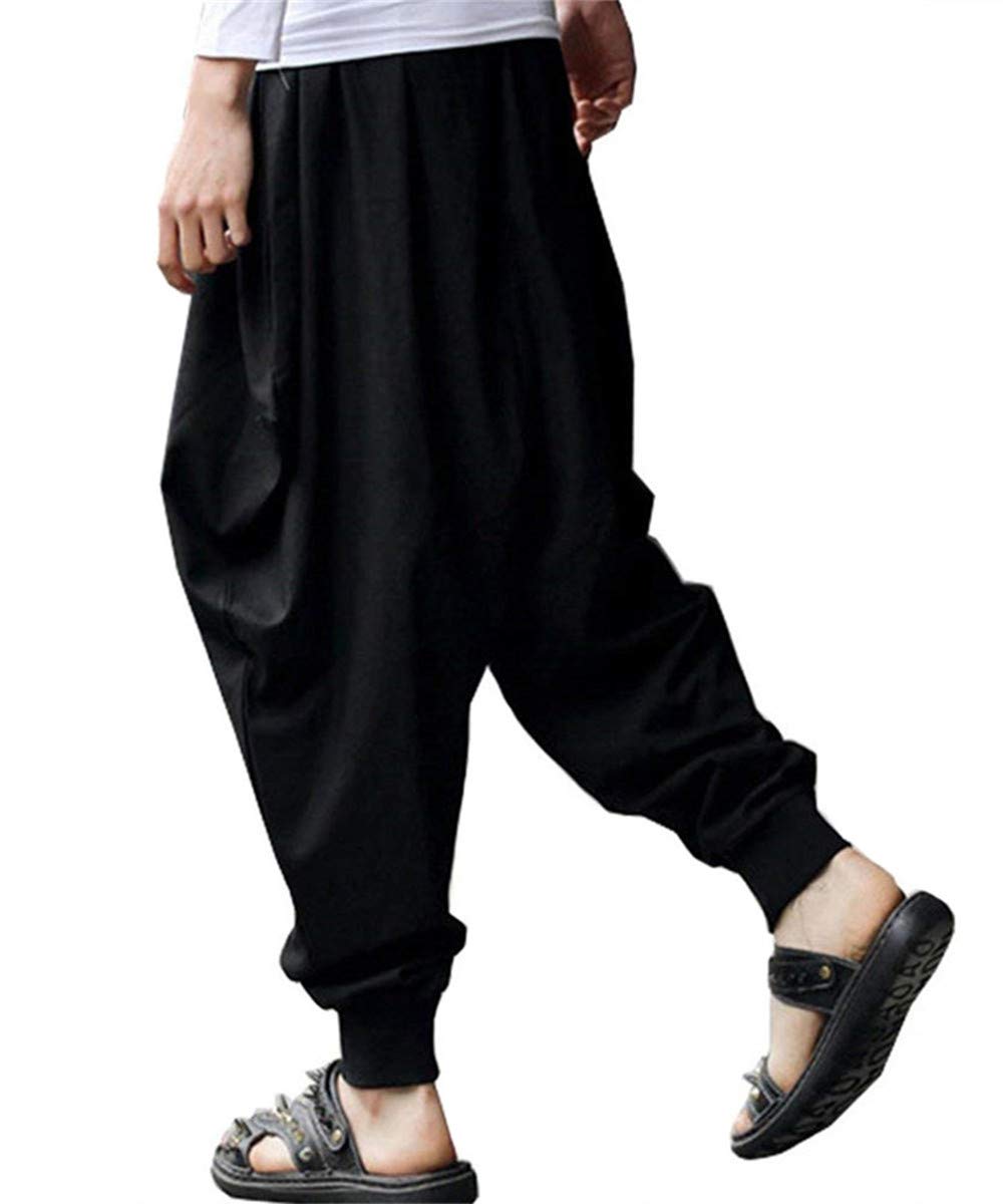 perdontoo Mens Harem Jogger Pants Loose Fit Elastic Waist Drawstring Aladdin Hippie Trousers (29, Black)