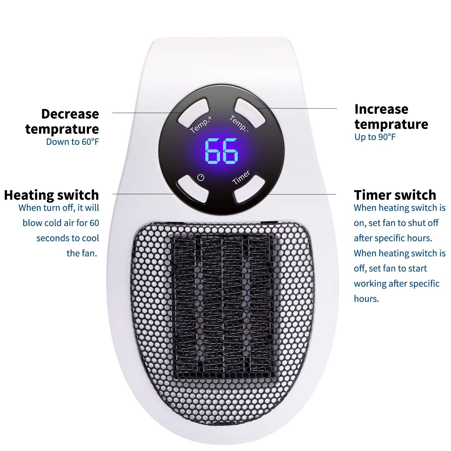 Wall Space Heater 350W&450W Remote Portable Electric Heater with Programmable Adjustable Thermostat, Overheat Protection, Precise LED Display, CSA Certification Safe Heater for Office Dorm Room