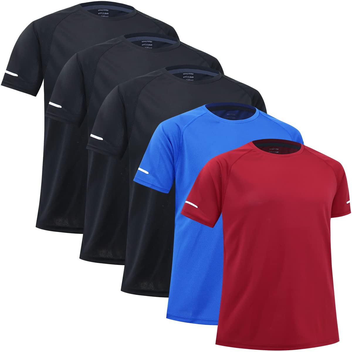 Workout Shirts for Men | Dry Fit Shirts Moisture Wicking - Gym Shirts Men Short Sleeve - Running Athletic Shirts (Large, 5-Pack Black, Black, Black, Blue, Red)