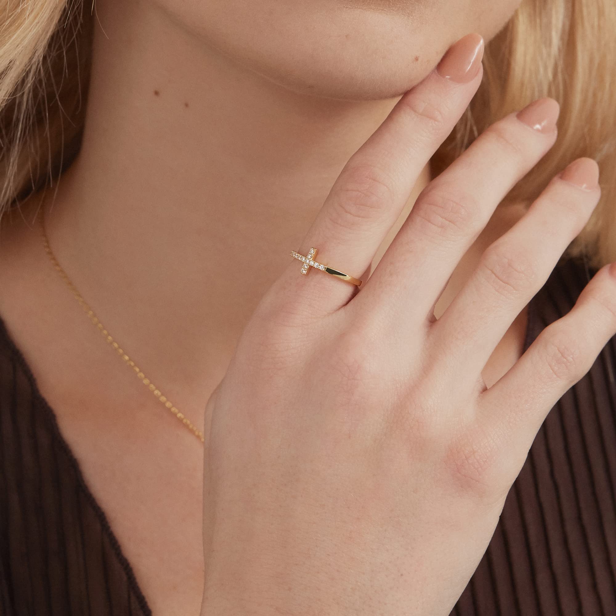 PAVOI 14K Gold Plated CZ Cross Ring | Eternity Promise Ring for Her | Infinity Wedding Band Ring (Yellow Plated, 9)