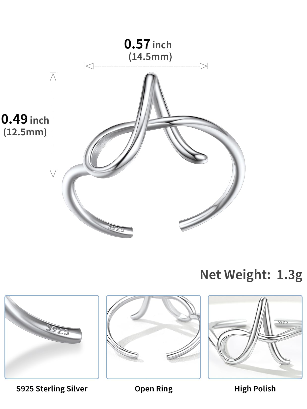 SILVERCUTE Cute Silver Initial Ring Open Adjustable Women Stackable Rings|925 Sterling Silver A-Z 26 Letters Initial Name Rings for Women(Alpahbet A)