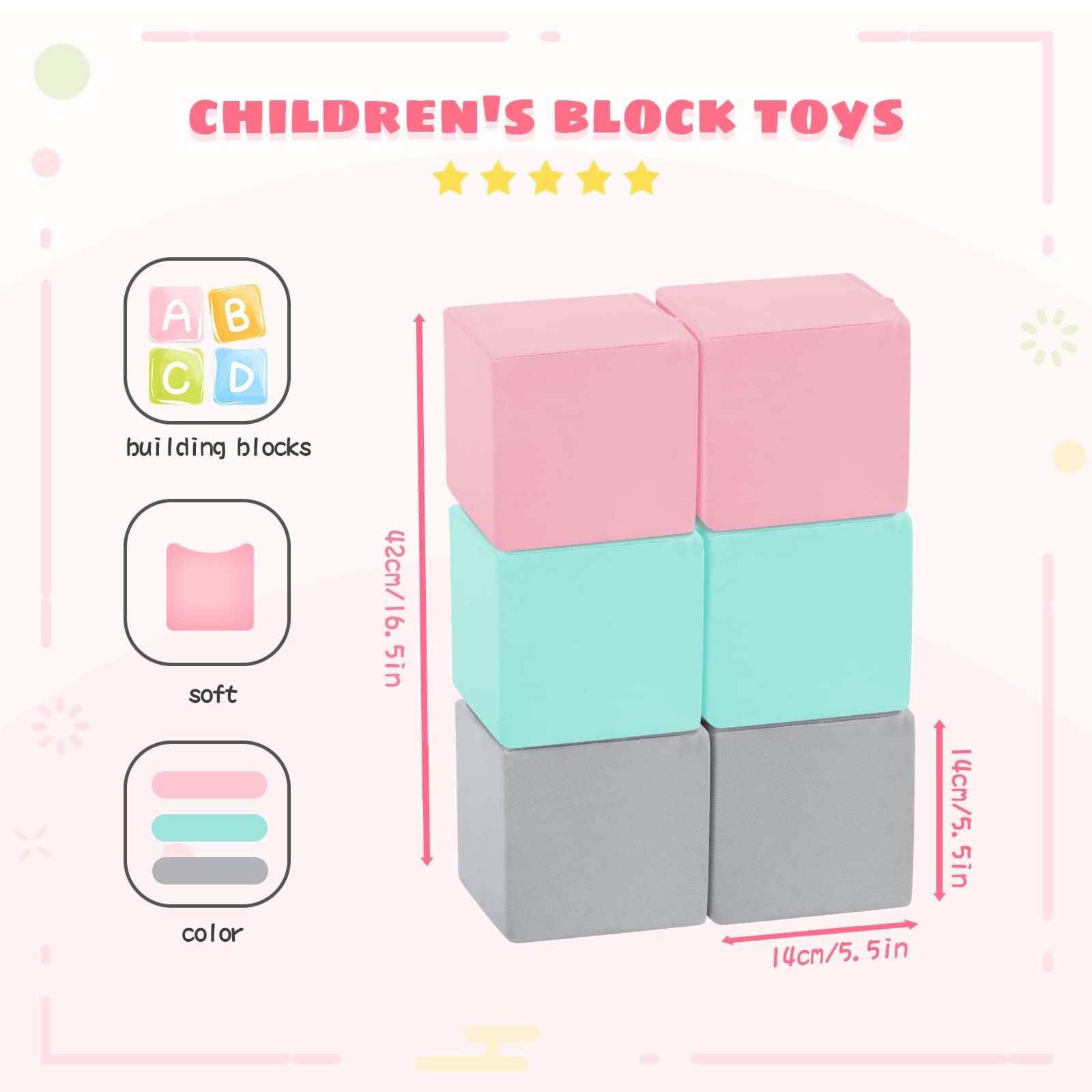 TRENDBOX 6 Pcs Toddler Foam Blocks, 5.5inch Soft Foam Cubes Blocks with Detachable Washable Cover, Soft Play Blocks for Toddlers and Kid (Light Gray/Pink/Blue)…
