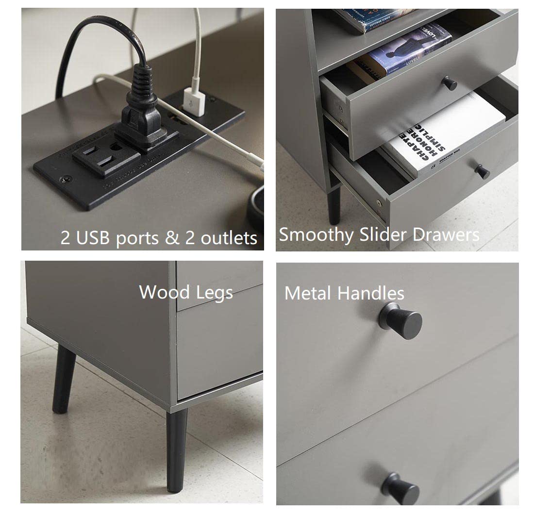 OBRICOL Night Stand,Charging Station Side Table, Functional End Table for Bedroom,Living Room (Grey)