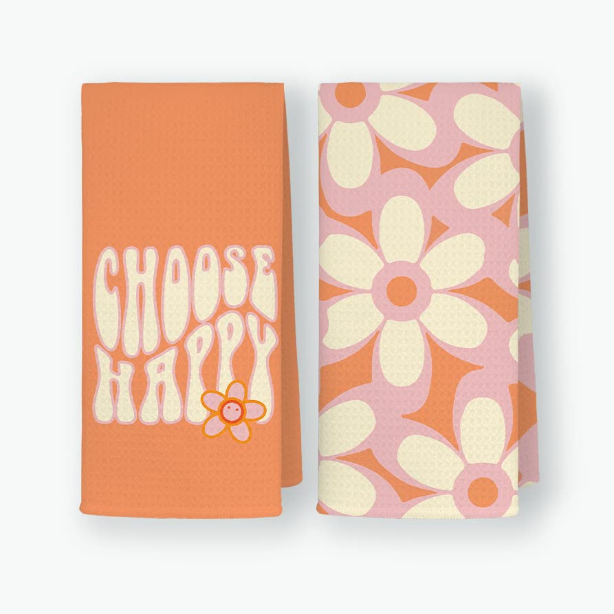 QODUNG Choose Happy Flowers Pattern Soft Kitchen Towels Dishcloths 16x24 Inch Set of 2,Retro 1970s Groovy Drying Cloth Hand Towels Tea Towels for Dorm,Teen Girls Gift