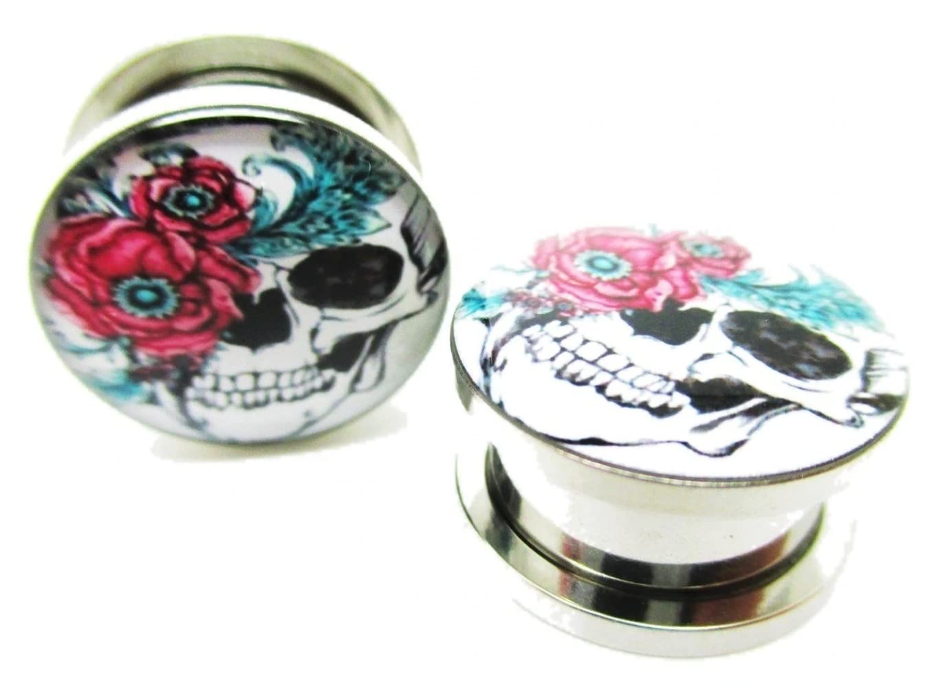 Pierced Republic Flower & Skull Stainless Steel Ear Plugs - Screw on - New *Pair* (0 Gauge (8mm))