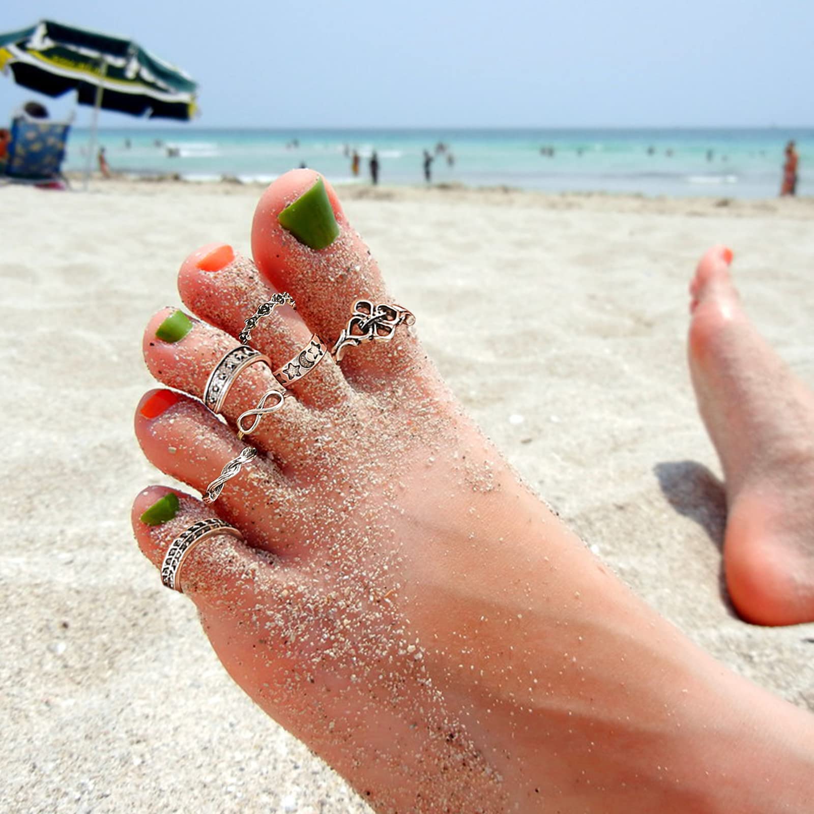 Summer Beach Toe Rings for Women Adjustable Toe Ring Open Wave Infini Arrow Leaf Toe Rings for Teen Girls (A:9 SET)