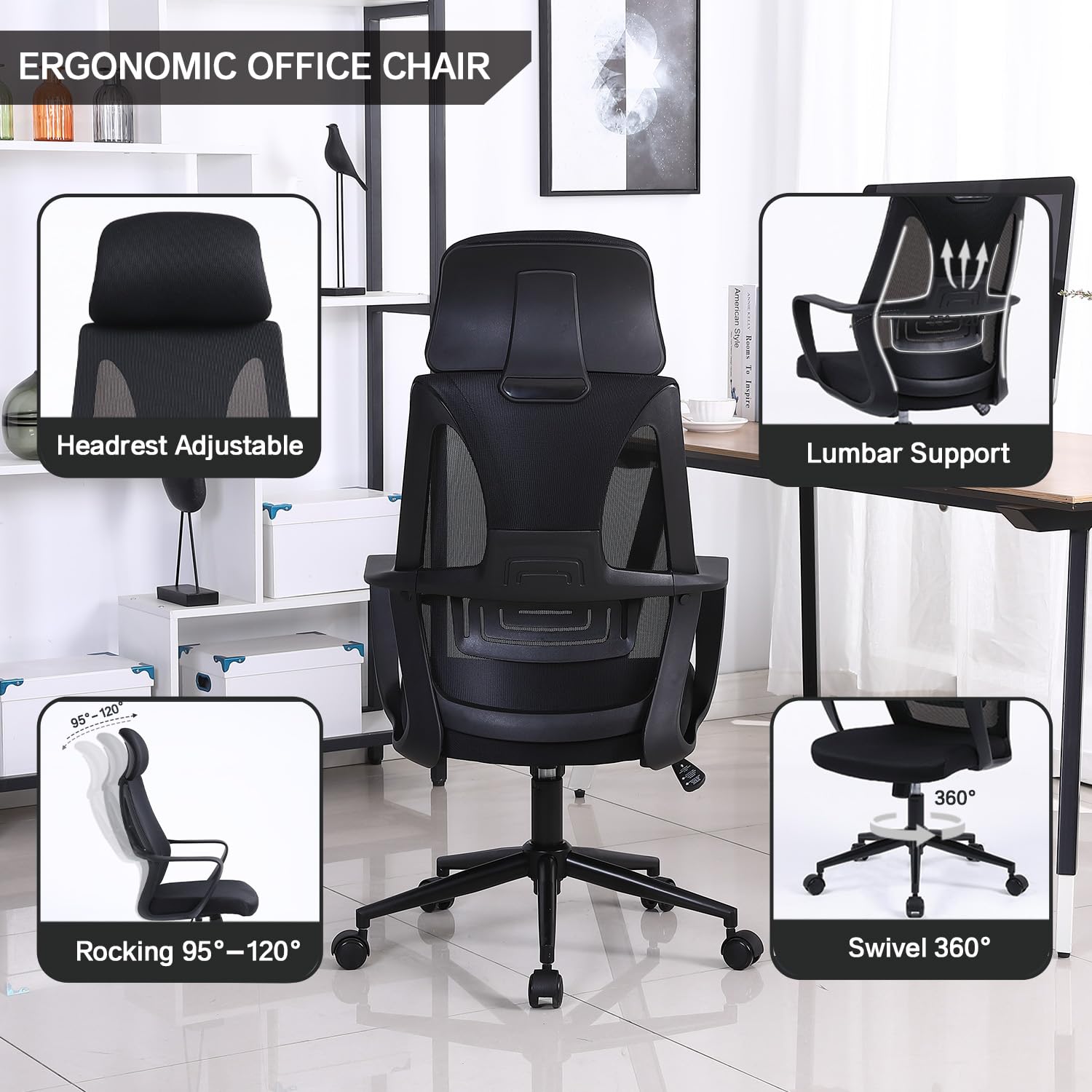 Nusetx Ergonomic Office Desk Chair - High-Back Adjustable Height Computer Chair with Lumbar Support, Armrests, Headrest, and Reclining Function, Swivel Executive Task Chair, Black