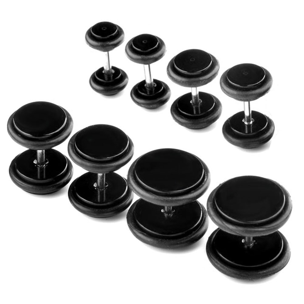 PiercingJ 8pcs Acrylic Barbell Stud Earring with O-ring Fake Illusion Plug Gauge Kit 6G-00G Look BLACK (2 "plugs" of each size total 8 pcs)