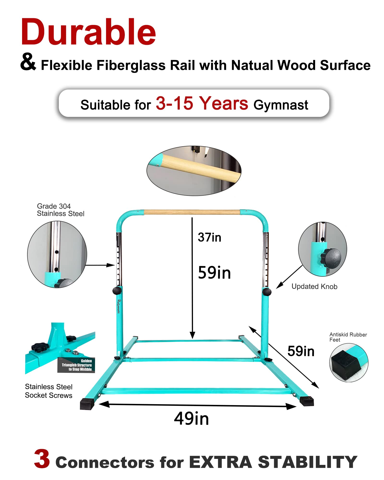 PreGymnastic Updated Gymnastics Bar-No Wobble Gymnastic Bar for Kids, Weight Limit 300 lbs, Gymnastics Kip Bar Adjustable Height