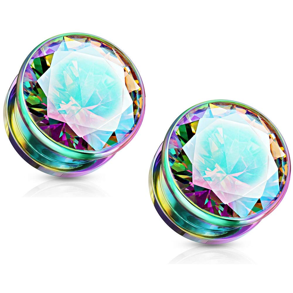 Pierced Owl Stainless Steel Bezel Set Aurora Borealis Gem Screw Fit Plug Gauges, Sold As Pair (Rainbow, 8mm (0GA))