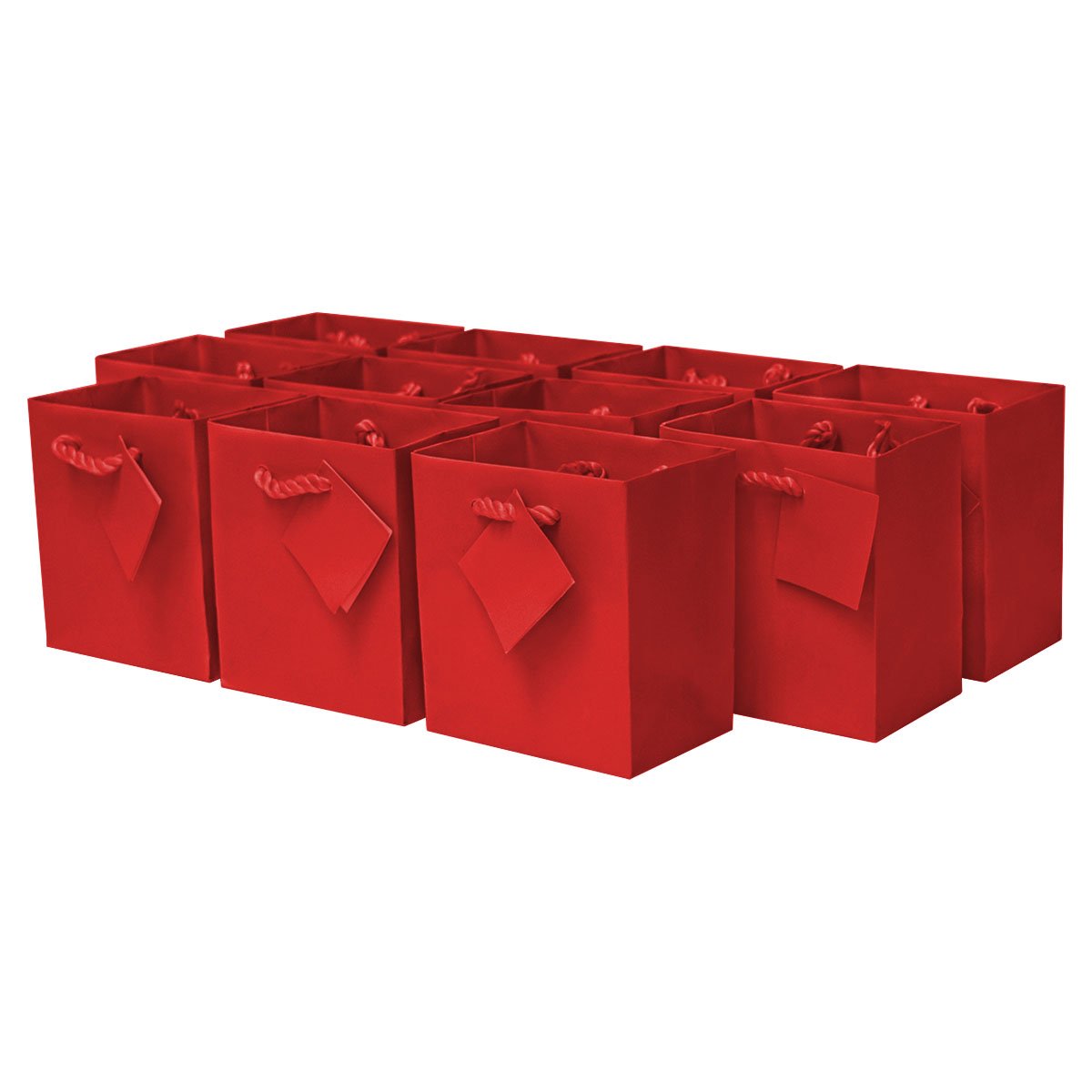 OccasionALL 12 Piece 4x2.75x4.5 Red Gift Bags, Mini Gift Bags with Handles, Tags for Holiday, Christmas, Valentines Wrapping, Favor & Goodie Bags, Bulk