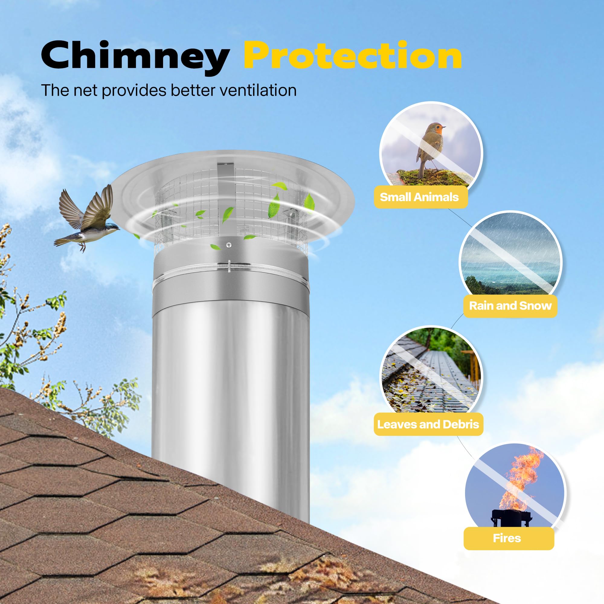 VIVOHOME 10" Cone Top Chimney Cap with Screen, Round Roof Rain Chimney Cover, Galvanized Steel Fireplace Exhaust Cap, Adjustable Roof Cap for Vent