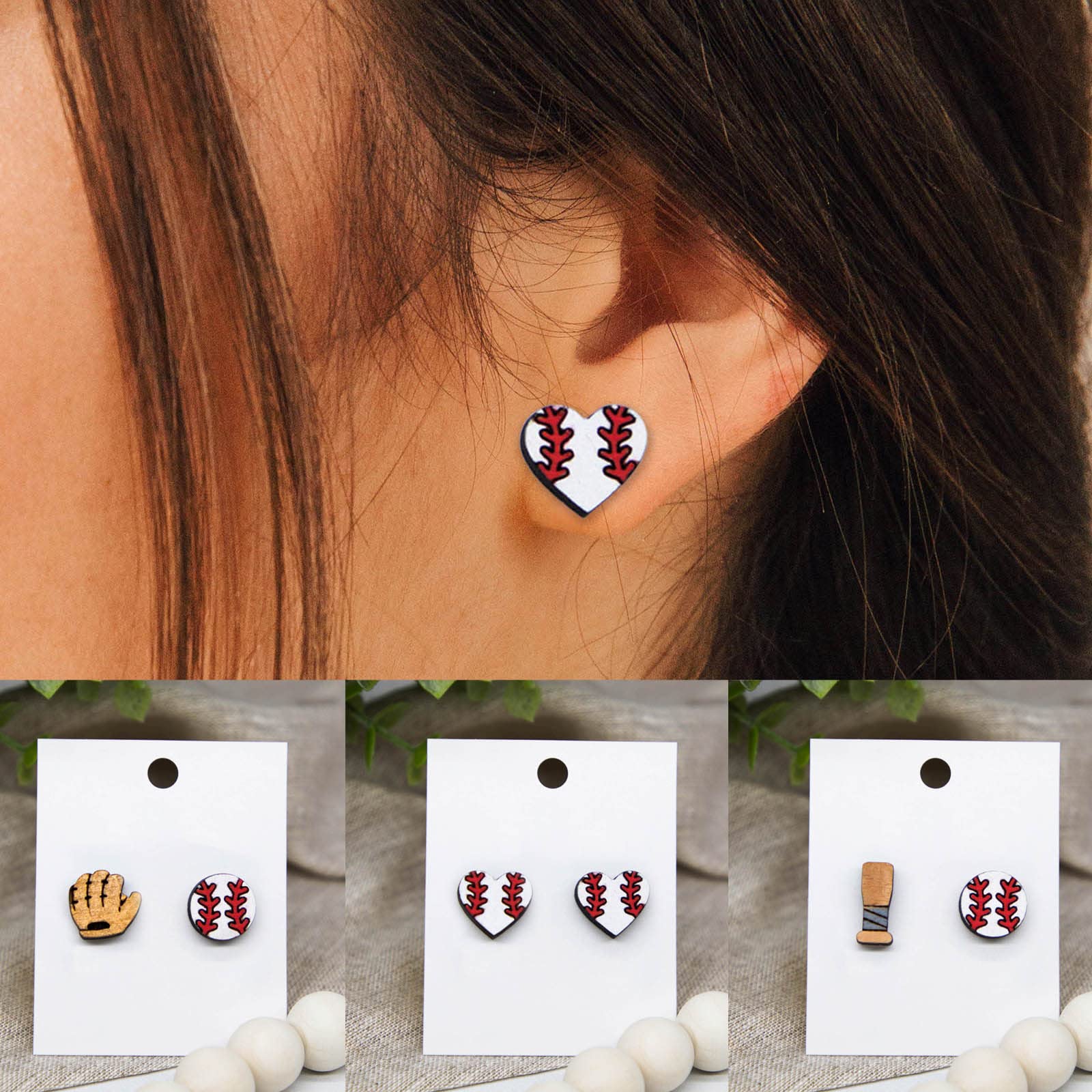 Wooden Baseball Glove and Ball Wood Stud Earrings Stud Earrings Wooden Stud Earrings Ladies Earrings