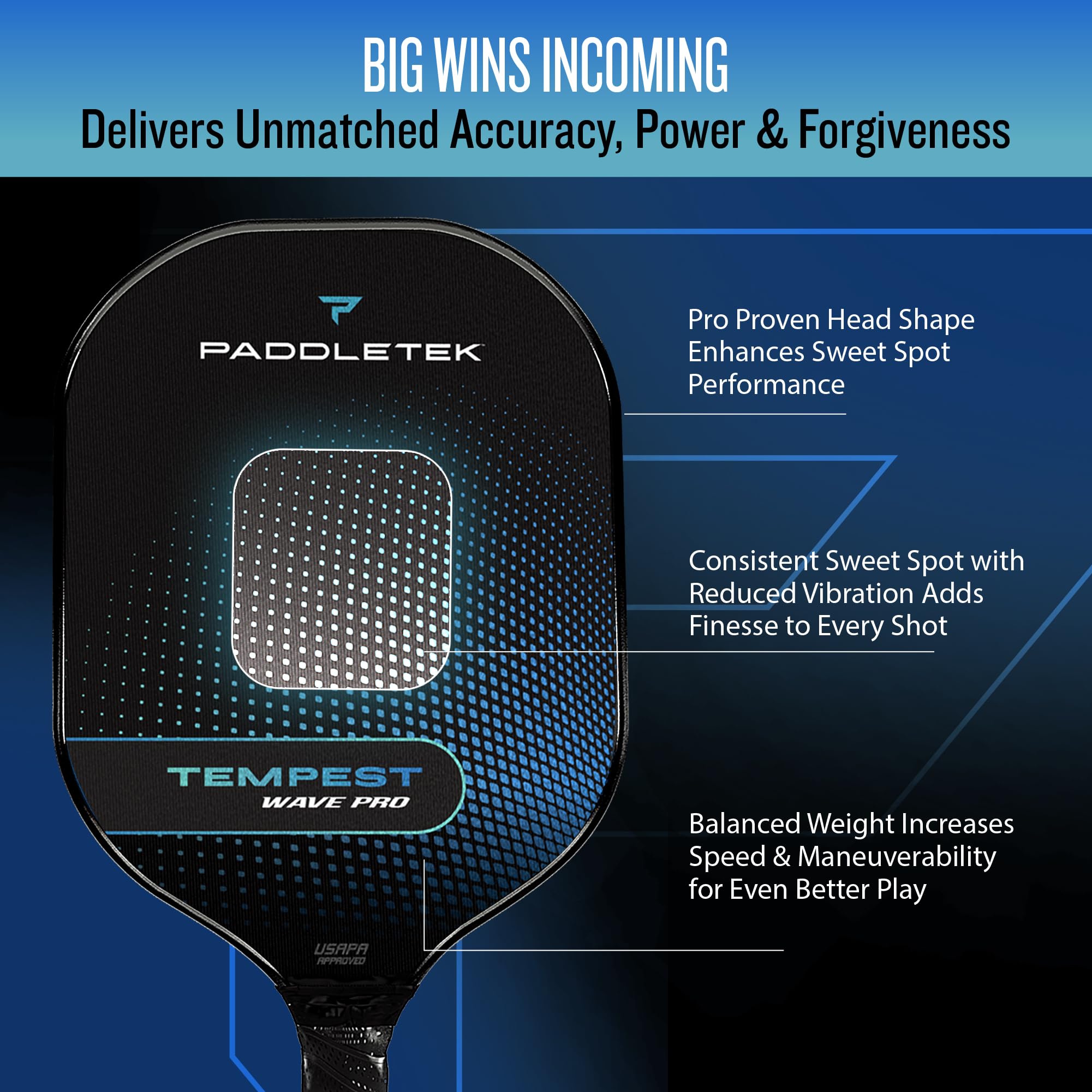 Paddletek Tempest Wave Pro Pickleball Paddle | Professional Pickleball Paddles with Carbon Fiber Surface, Tempest SRT Honeycomb Core & High Tack Performance Grip | USAPA Approved
