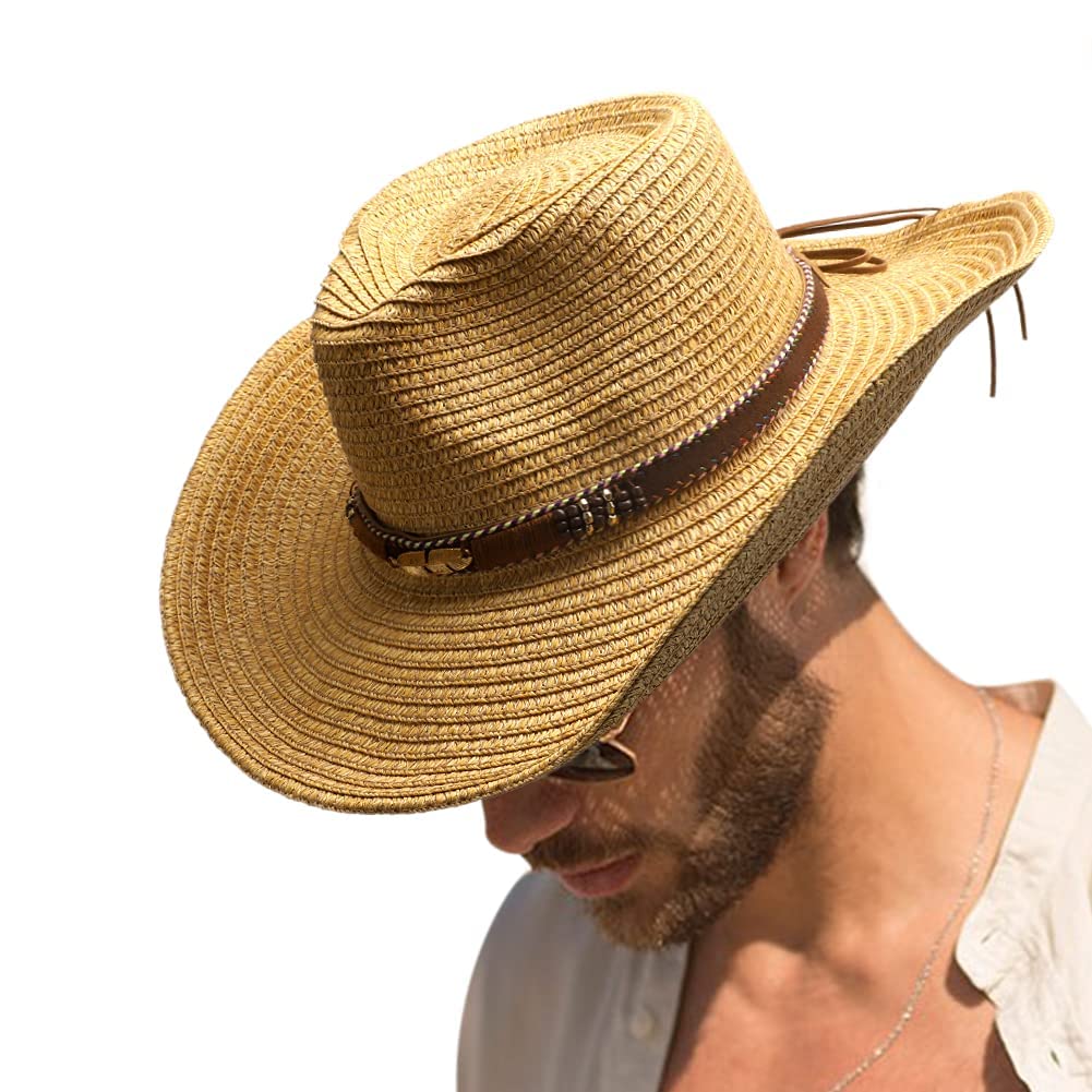 Women Straw Sun Hat Mens Cowboy Western Hat Garden UPF 50+ Shapeable Wide Brim Summer Hat Khaki