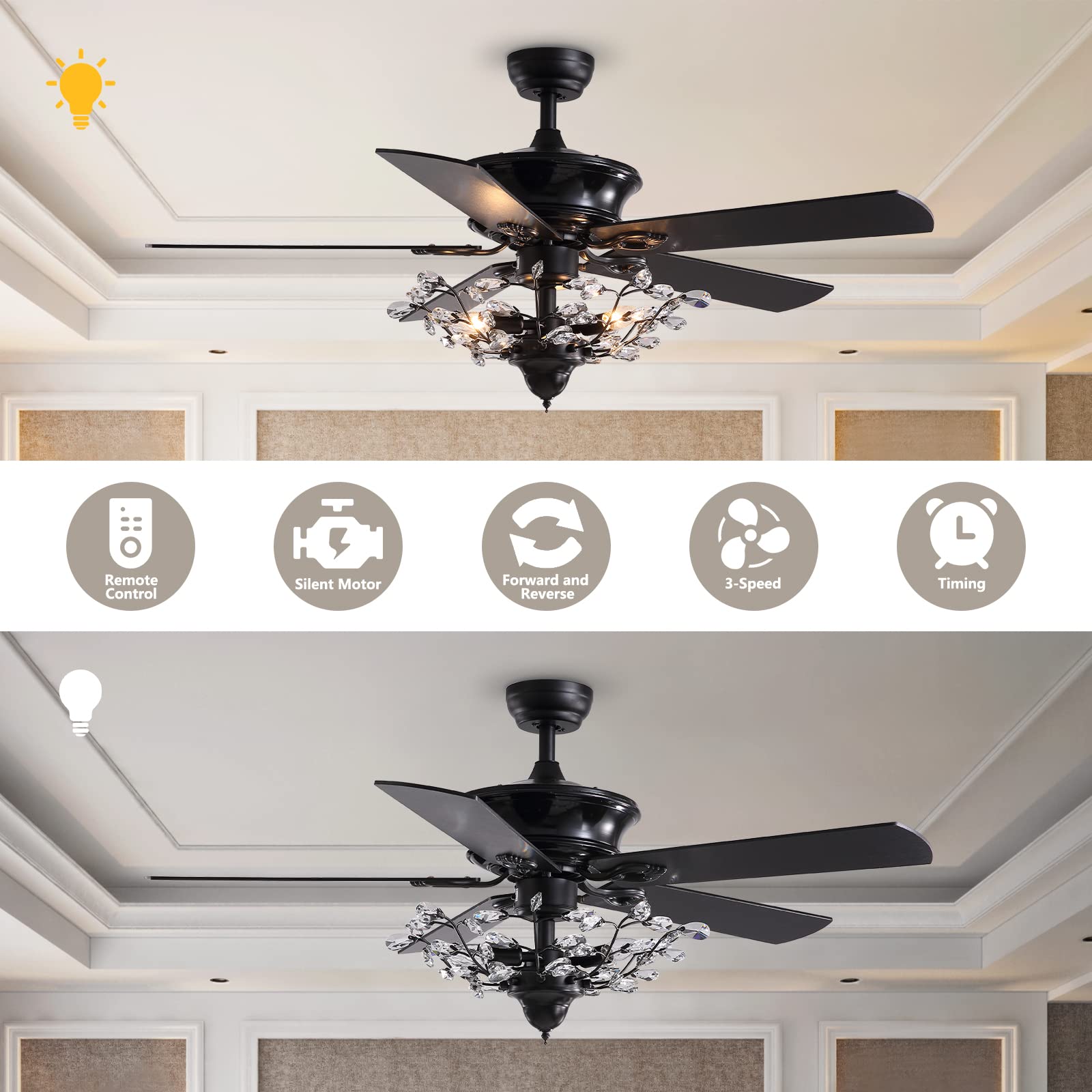 Siljoy 50" Reversible Crystal Ceiling Fan with Lights, Black Branches Ceiling Fan, 5 Wood Blades, Remote Control, Elegant Vintage Indoor Chandelier Fan Light Kit for Bedroom Dining Room