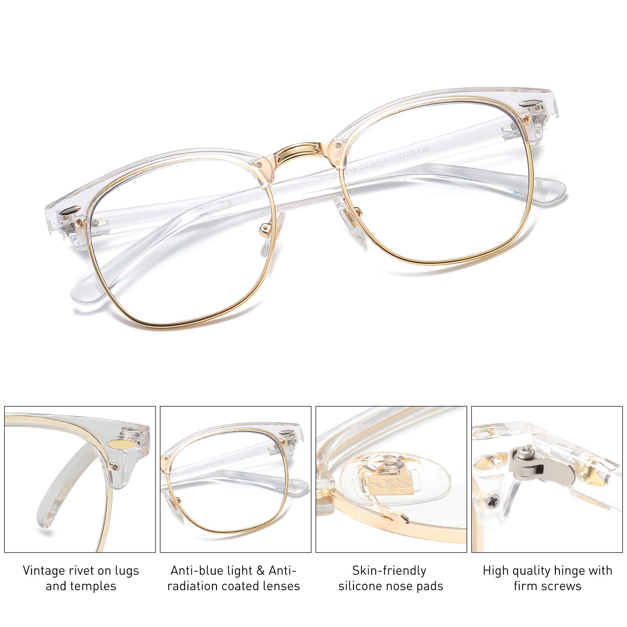 SOJOS Retro Semi Rimless Blue Light Blocking Glasses Half Horn Rimmed Eyeglasses SJ5018, Clear Grey Frame/Silver Rim