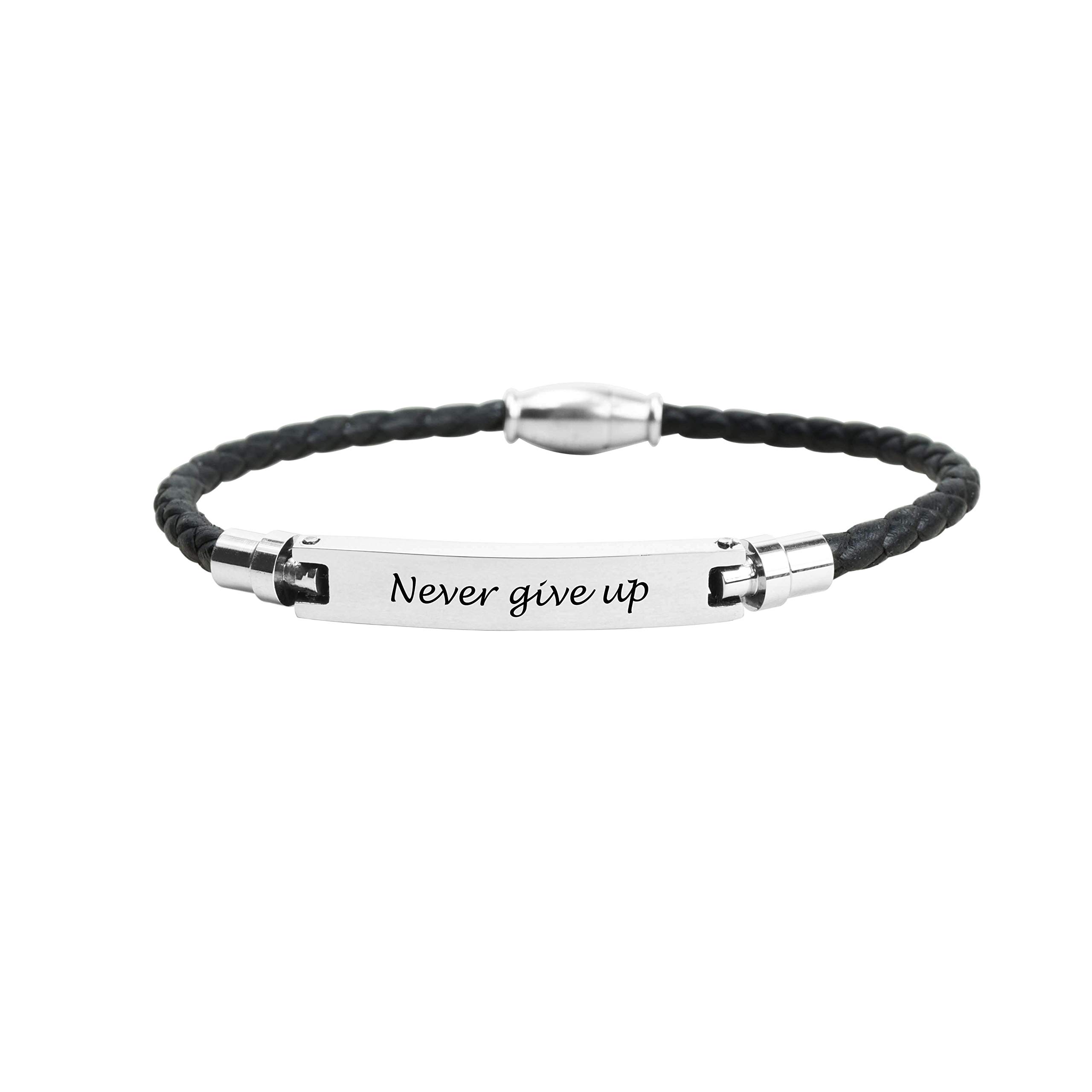 Pink Box Genuine Magnetic Leather Inspirational Bracelet Silver - Never give up