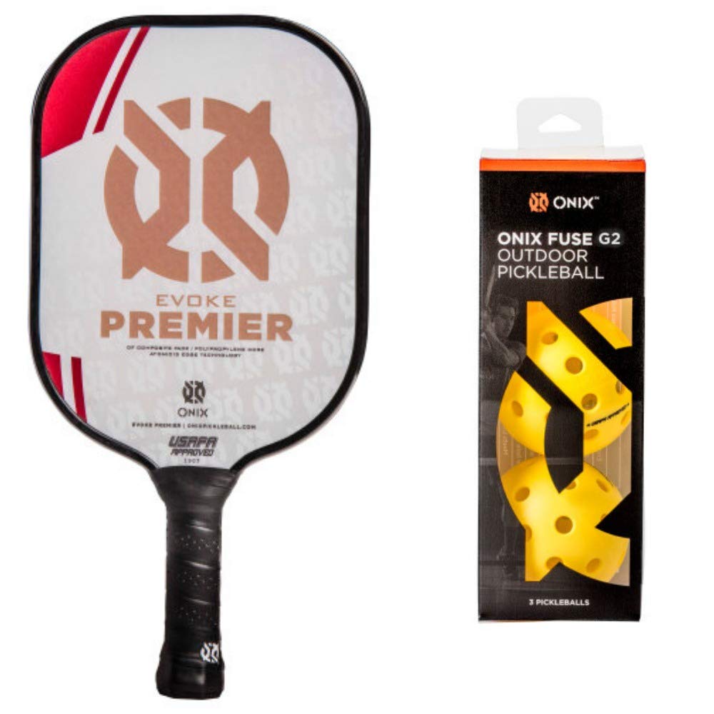 Onix Evoke Premier Pickleball Paddle & 3-Pack Fuse G2 Pickleball Balls & Free Pickleball Tips - Pickleball Set for Beginner and Pro Level Players (Standard Weight 7.8oz - 8.2 oz, Red)