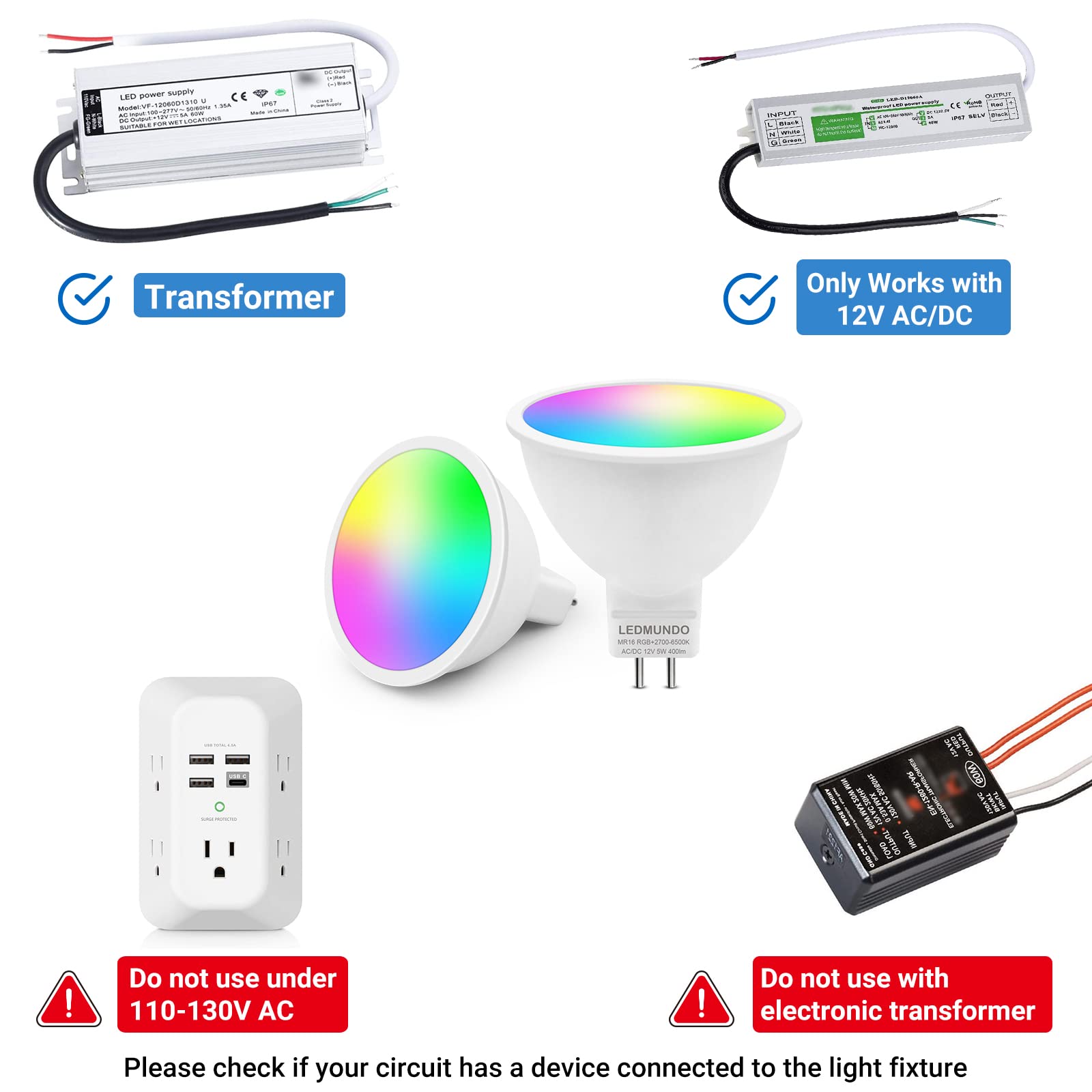 Smart MR16 LED Light Bulbs 5W, GU5.3 Bi-Pin Base, AC/DC 12V, Compatible with Alexa & Google Assistant, RGBCW Smart MR16 Bulb, WiFi Smart LED Light Spotlight Indoor Decoration, 4 Pack