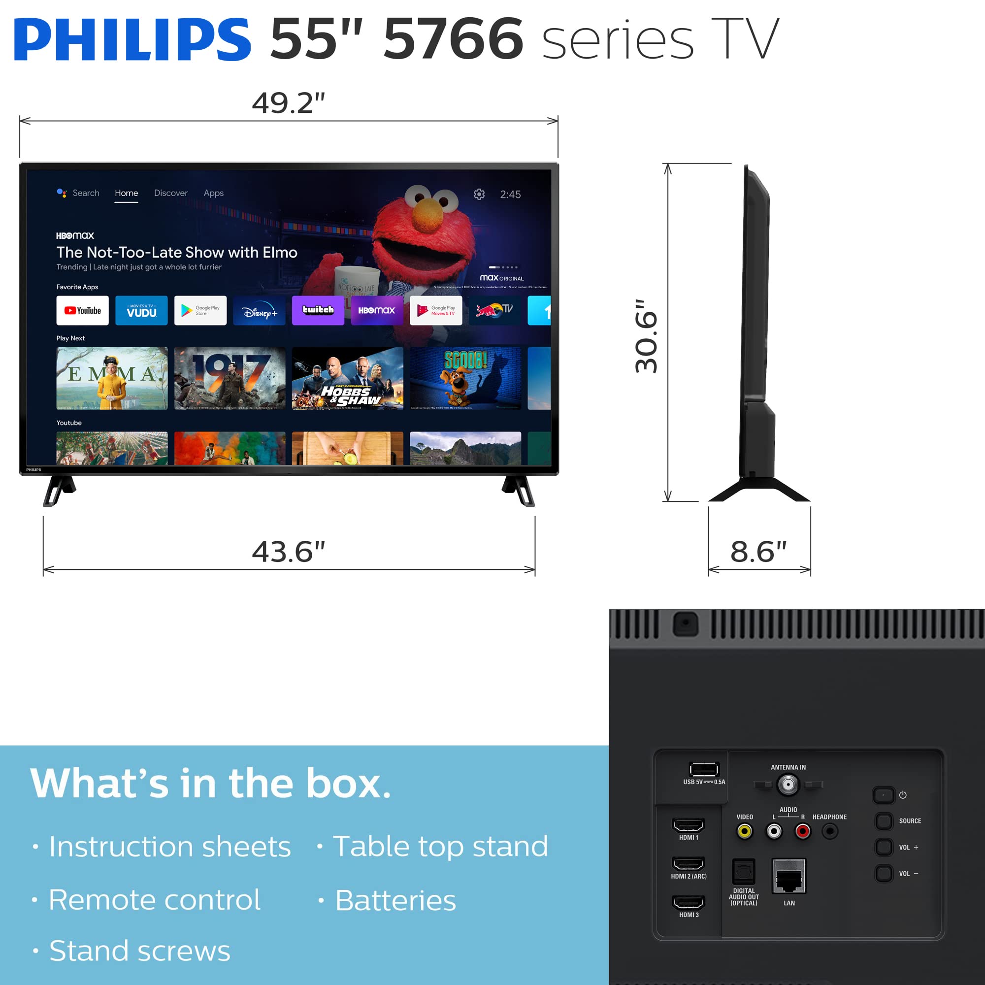 PHILIPS 55-Inch 4K UHD LED Android Smart TV with Voice Remote, HDR10, Google Assistant and Chromecast Built-in