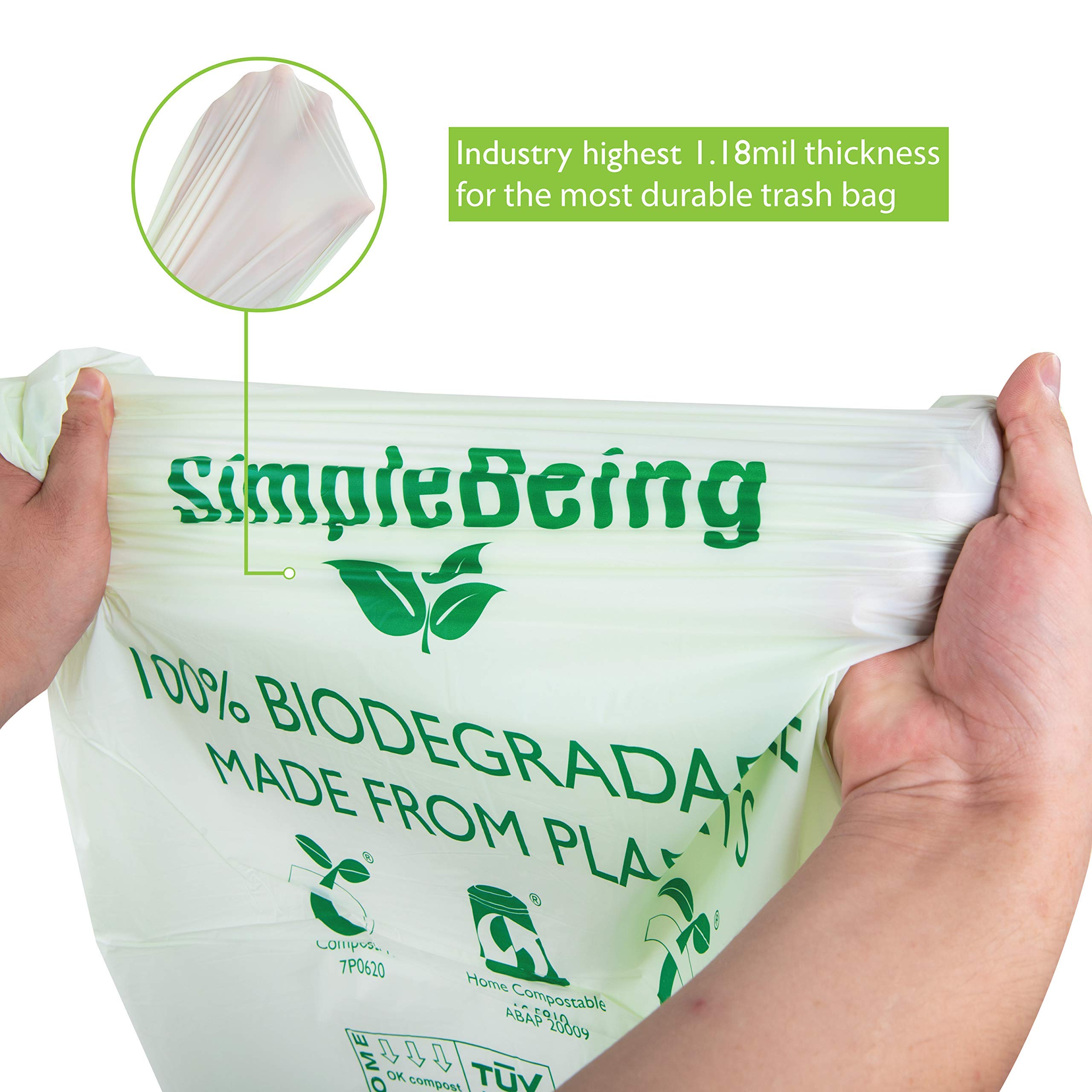 Simple Being Plant Based Compostable Tall Kitchen Bags with Handles, 13 Gallon (45 count), Compostable Trash Garbage Bags, Unscented Leak-Proof, Environmentally Friendly (Drawstring)