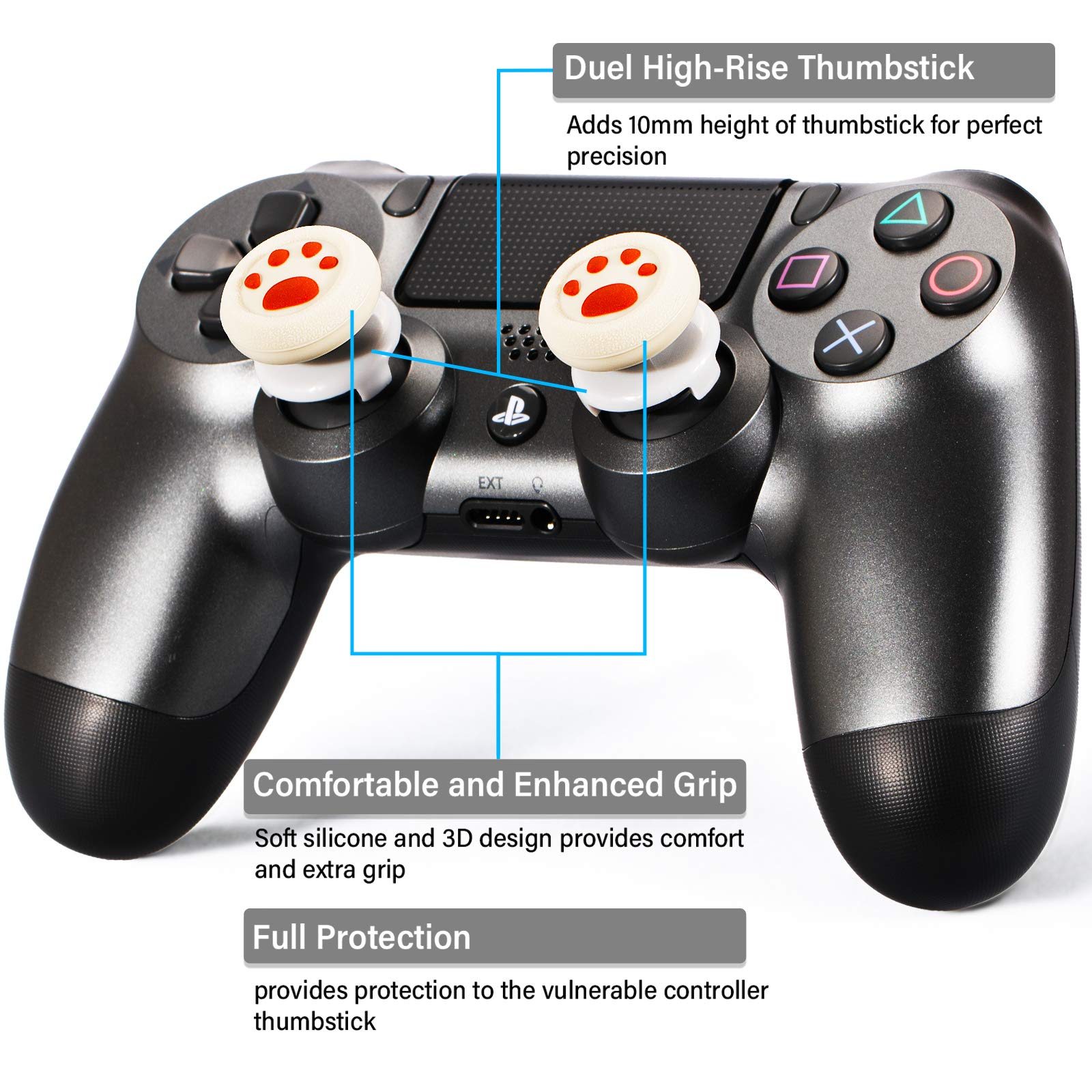 Playrealm FPS Thumbstick Extender & 3D Texture Rubber Silicone Grip Cover 2 Sets for PS5 Dualsenese & PS4 Controller(Cat Paw Brown)