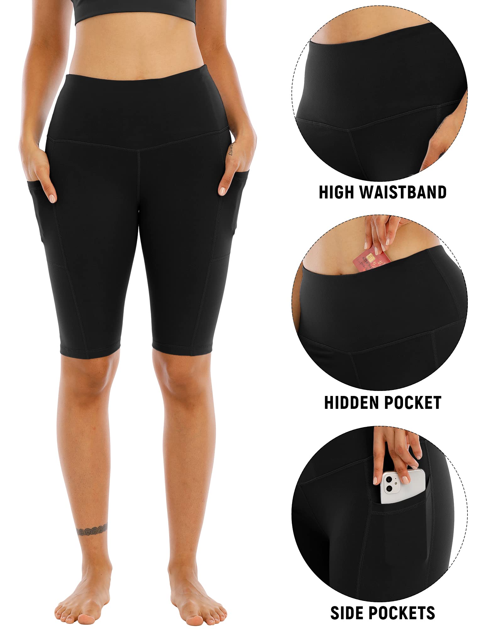 WHOUARE 4 Pack Biker Yoga Shorts with Pockets for Women,High Waisted Athletic Running Workout Gym Shorts Tummy Control,Black,Navy,Dark Gray,Brown,L
