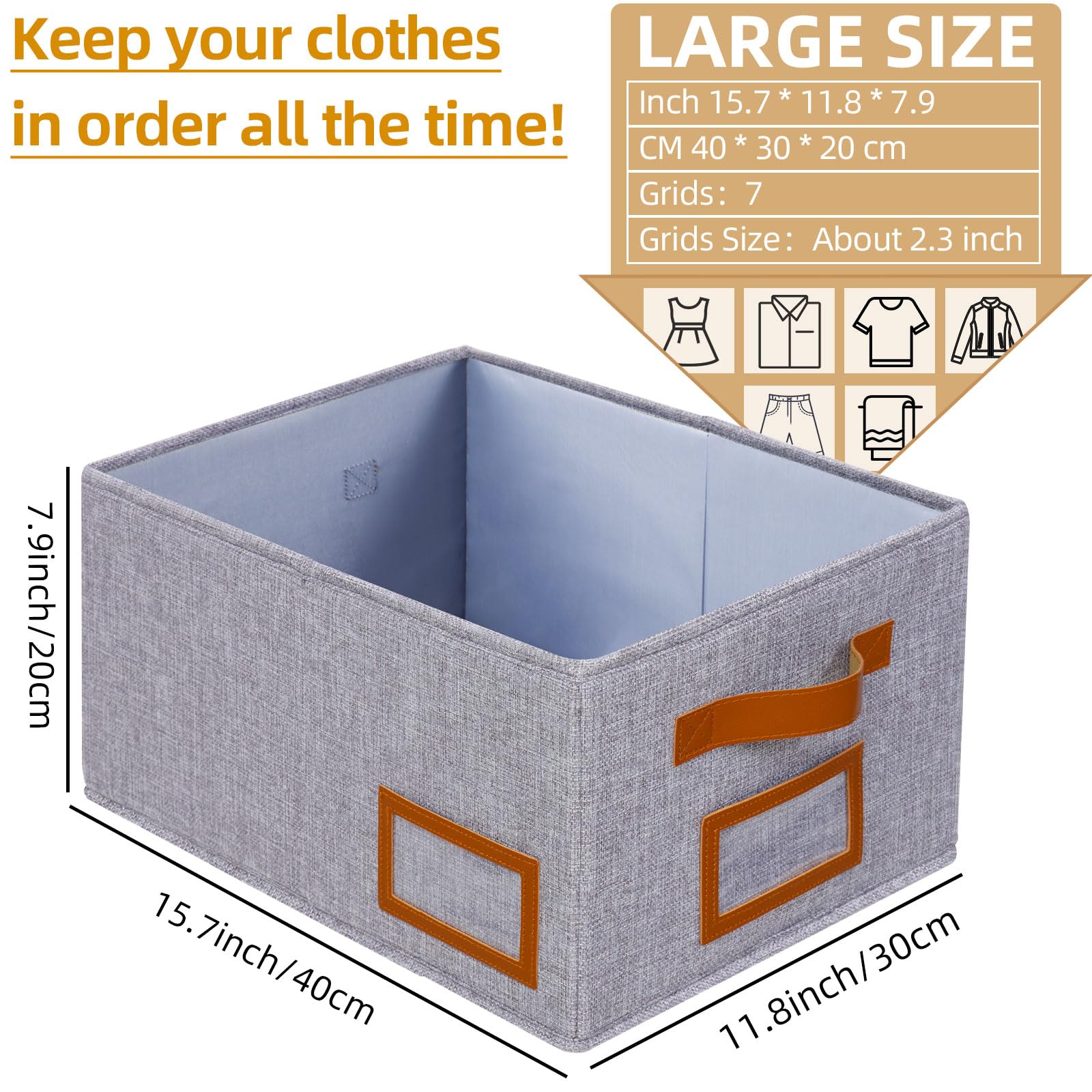 OUTBROS Large Foldable Storage Bins for Shelves, 15.7*11.8*7.9inch Fabric Storage Baskets Cubes Organizer Containers with Leather Handles for Closet Office, (Gray, Large, 3-Pack)