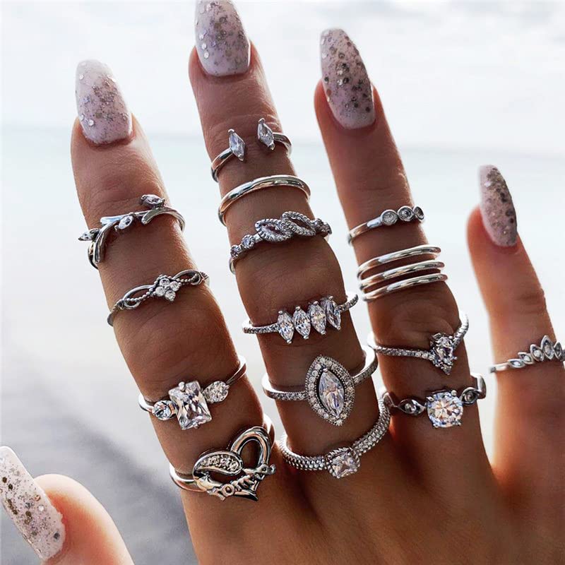 Simsly Vintage Knuckle Ring Stackable Silver Joint Nail Ring Crystal Knuckle Rings Set for Women and Girls(15PCS (Boho) (Set-1)