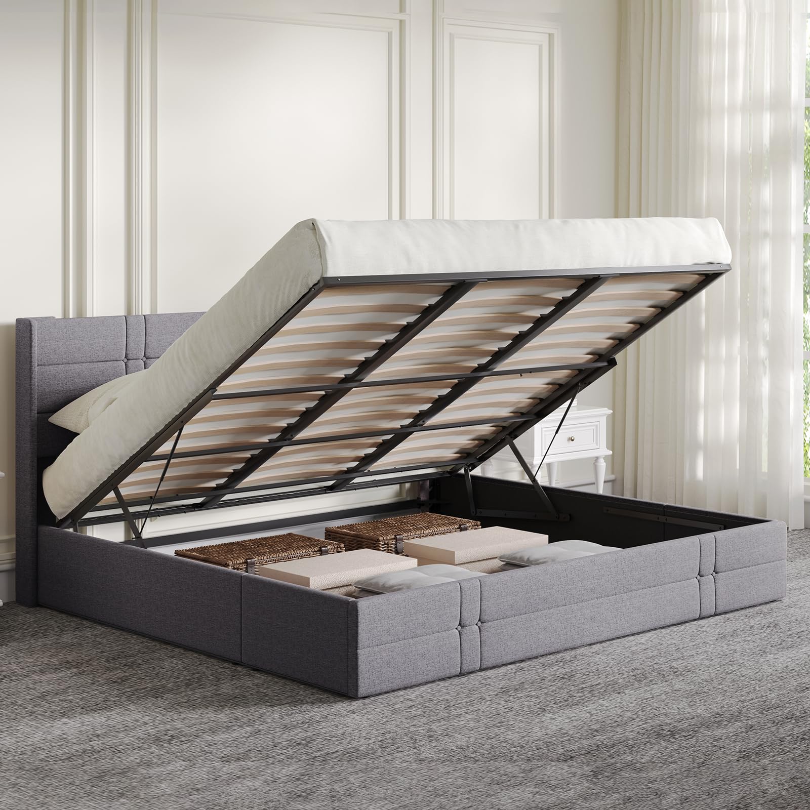 Novilla King Size Lift Up Storage Bed, with Fabric Headboard, Hydraulic Storage, No Box Spring Needed, Wood Slats Support, Upholstered Platform Bed Frame, Easy Assembly, Gray