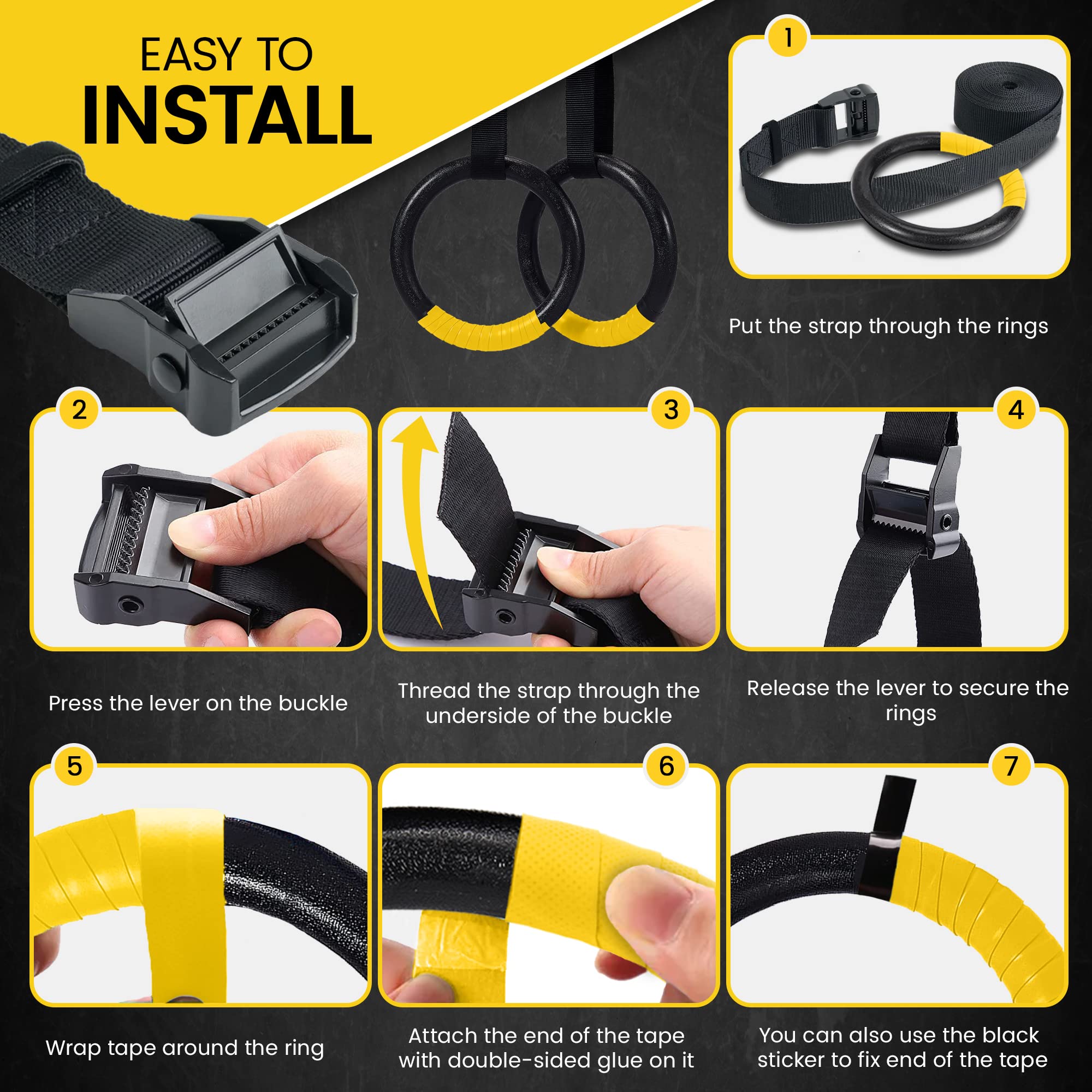 Workout Rings with Adjustable Straps - 15 Feet Long Can Hold Upto 661 Pounds/300 KG - Ideal for Training - Non Slip Tape Grip (Set of 2)
