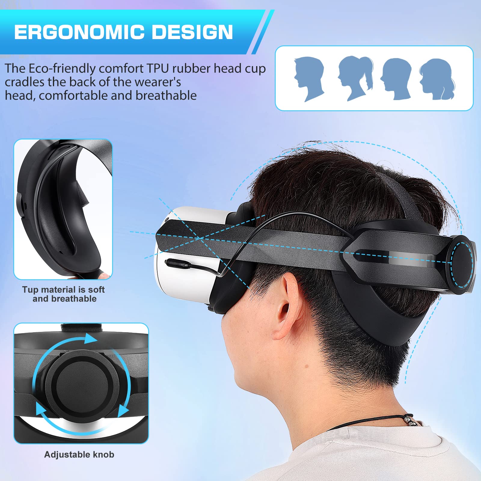 VR Head Strap with Battery 6000mAh for Quest 2, Vrbort Adjustable Elite Strap Replacement with Fast Charging Power Comfortable VR Head Strap Black