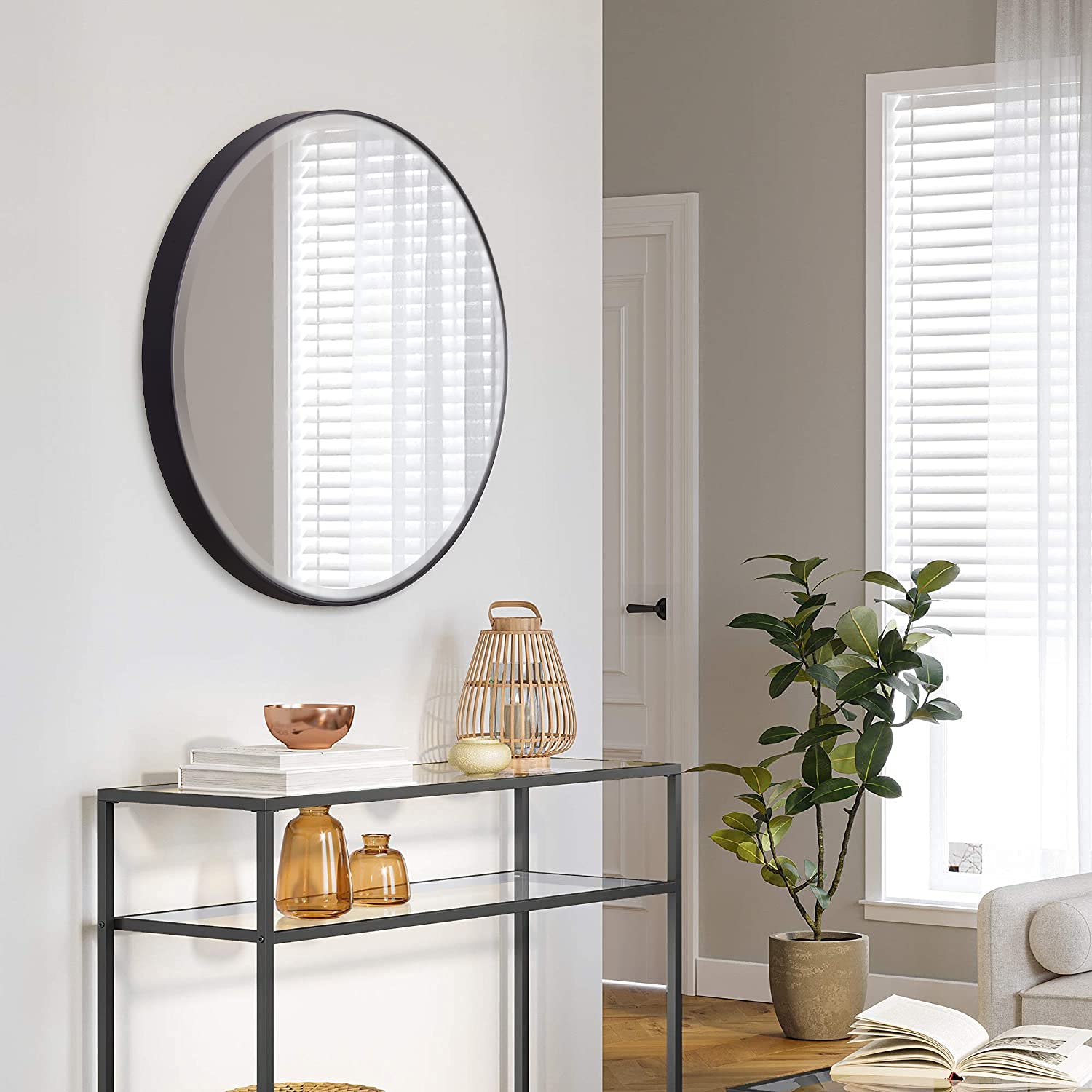 MOTINI 28.5'' Large Round Wall Mirror Black Modern & Contemporary Beveled Circle Mirror PU Frame Wall Mounted Decorative Mirror for Bathroom Bedroom Living Room Entryway