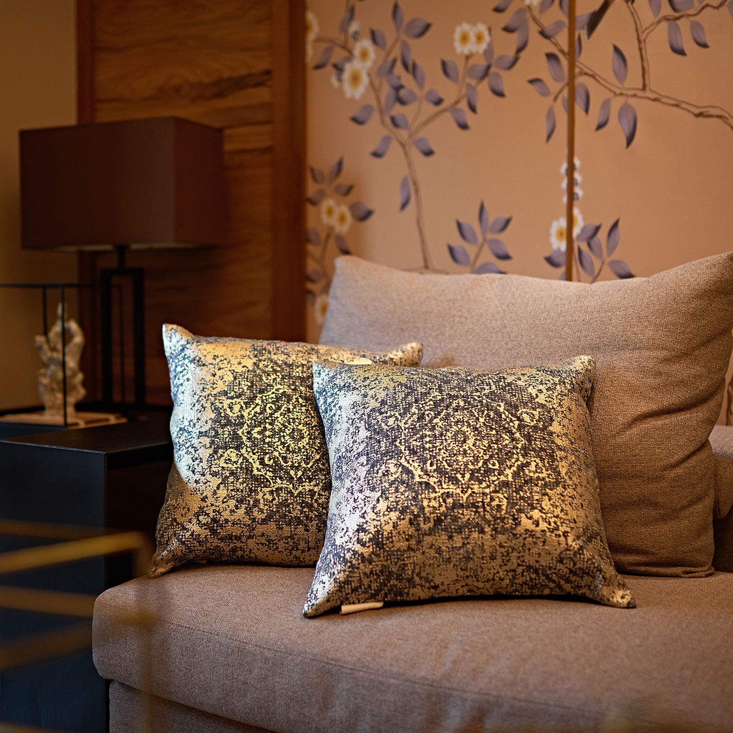 MOTINI Decorative Throw Pillow Covers Blue and Gold Cushion Covers Accent Cotton Cozy Cushion Cases Textured Pillowcases - Pack of 2-18" x 18"