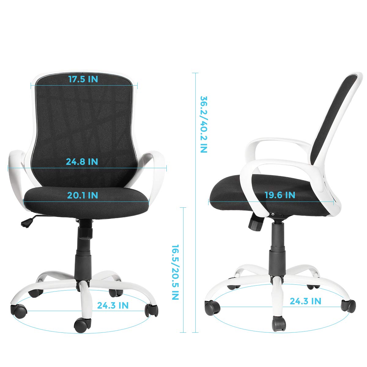 Office Chair Computer Desk Chairs with Wheels Ergonomic Small Desk Chair for Teens Home Office Task Chair Student Rolling Chair with Arms for Bedroom Study Chairs in White and Black