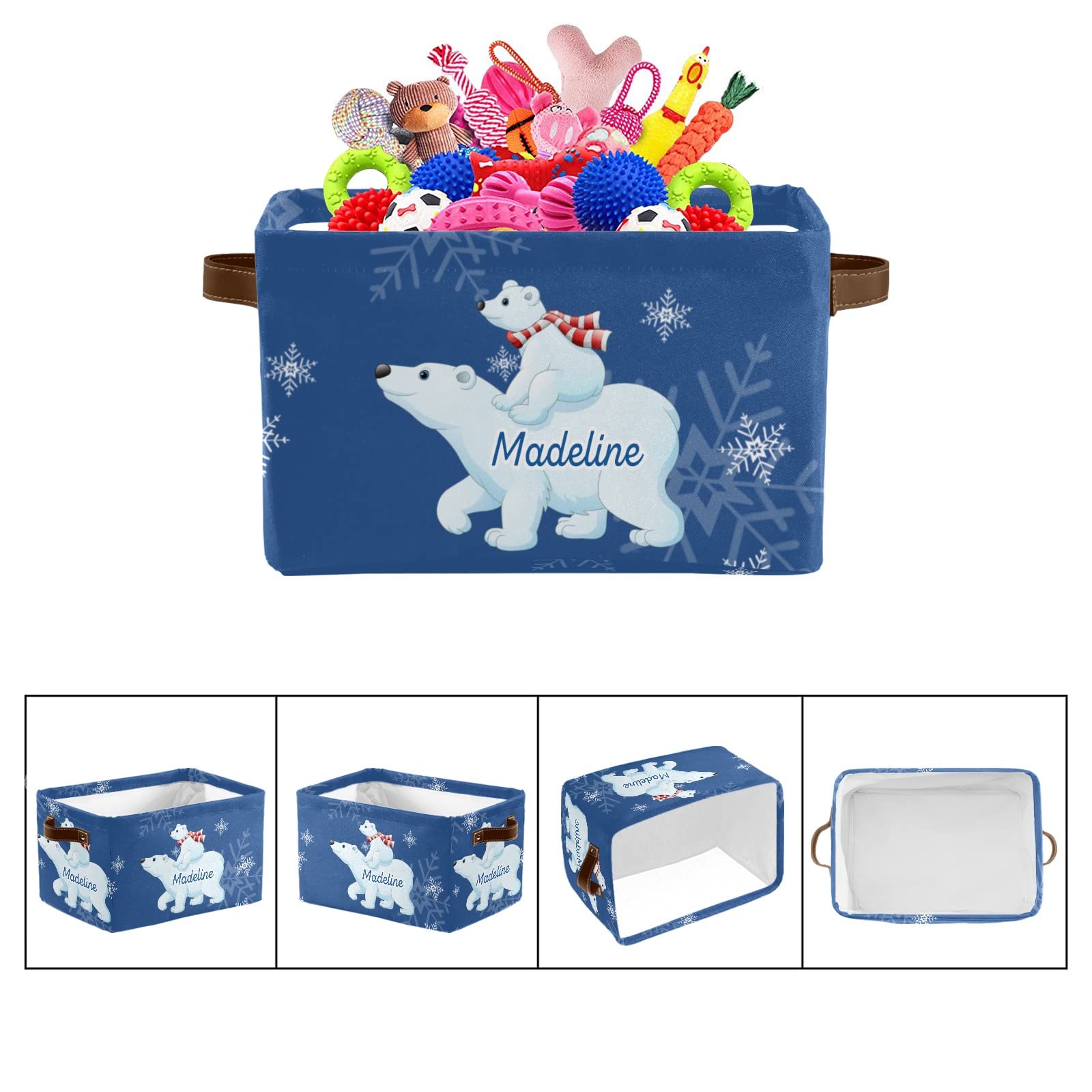 Winter Polar Bear Personalized Storage Basket,Custom Storage Bins Cubes Organizer with Handle for Bedroom Wardrobe,Nursery,Basket 1 Pack