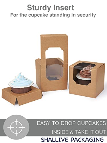 Shallive Kraft Cupcake Boxes Individual 60 Pcs with Inserts, Cocoa Bomb Packaing Single Brown Cupcake Containers Paper 3.5" Holders for Cookies, Pastries,Wedding Baby Shower Birthday Graduation