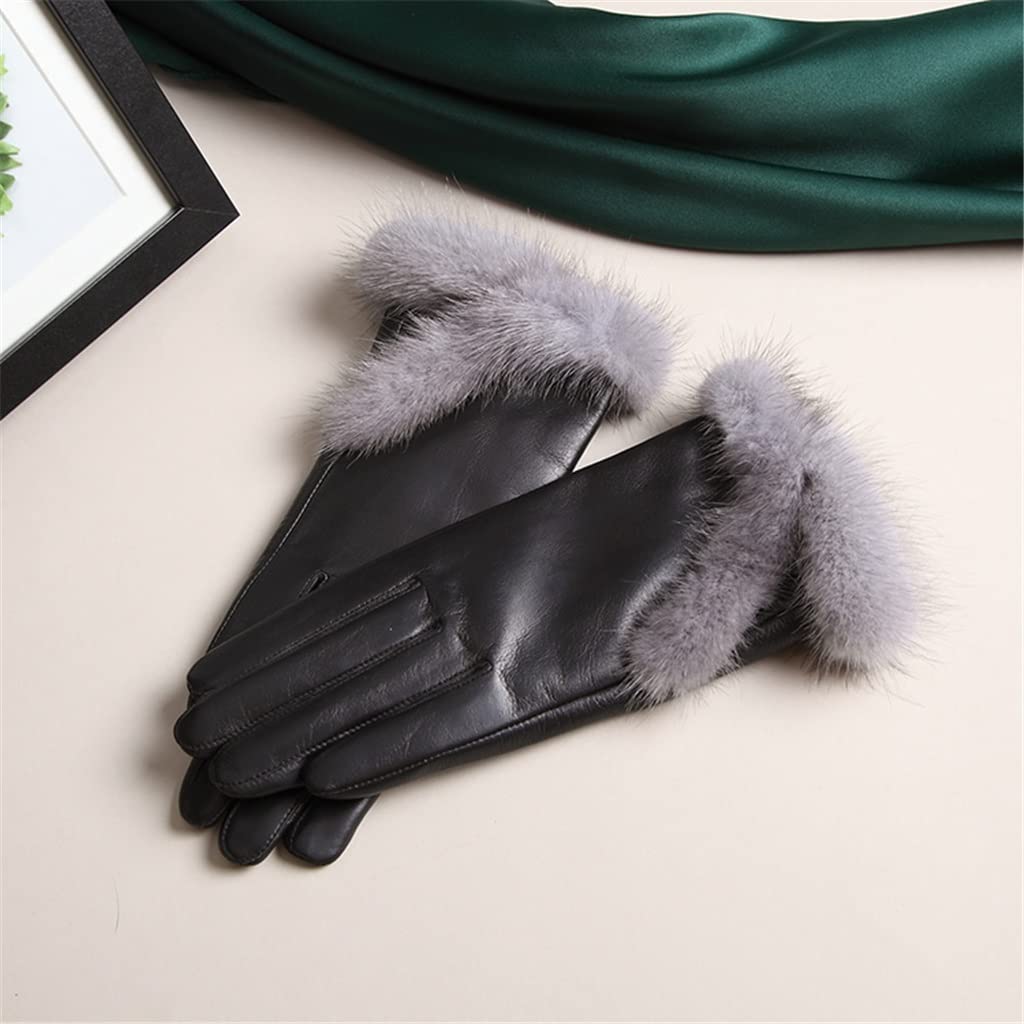 TJLSS Women's Gloves Genuine Leather Winter Warm Fluff Woman Soft Mittens (Color : Black, Size : XL Code)