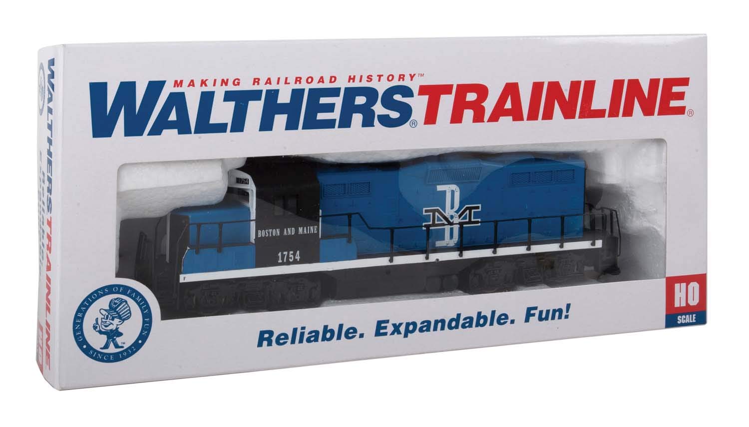 Walthers Trainline HO Scale Model EMD GP9M Standard DC Boston & Maine #1754 Train, Blue/Black/White, EMD GP9M Boston & Maine