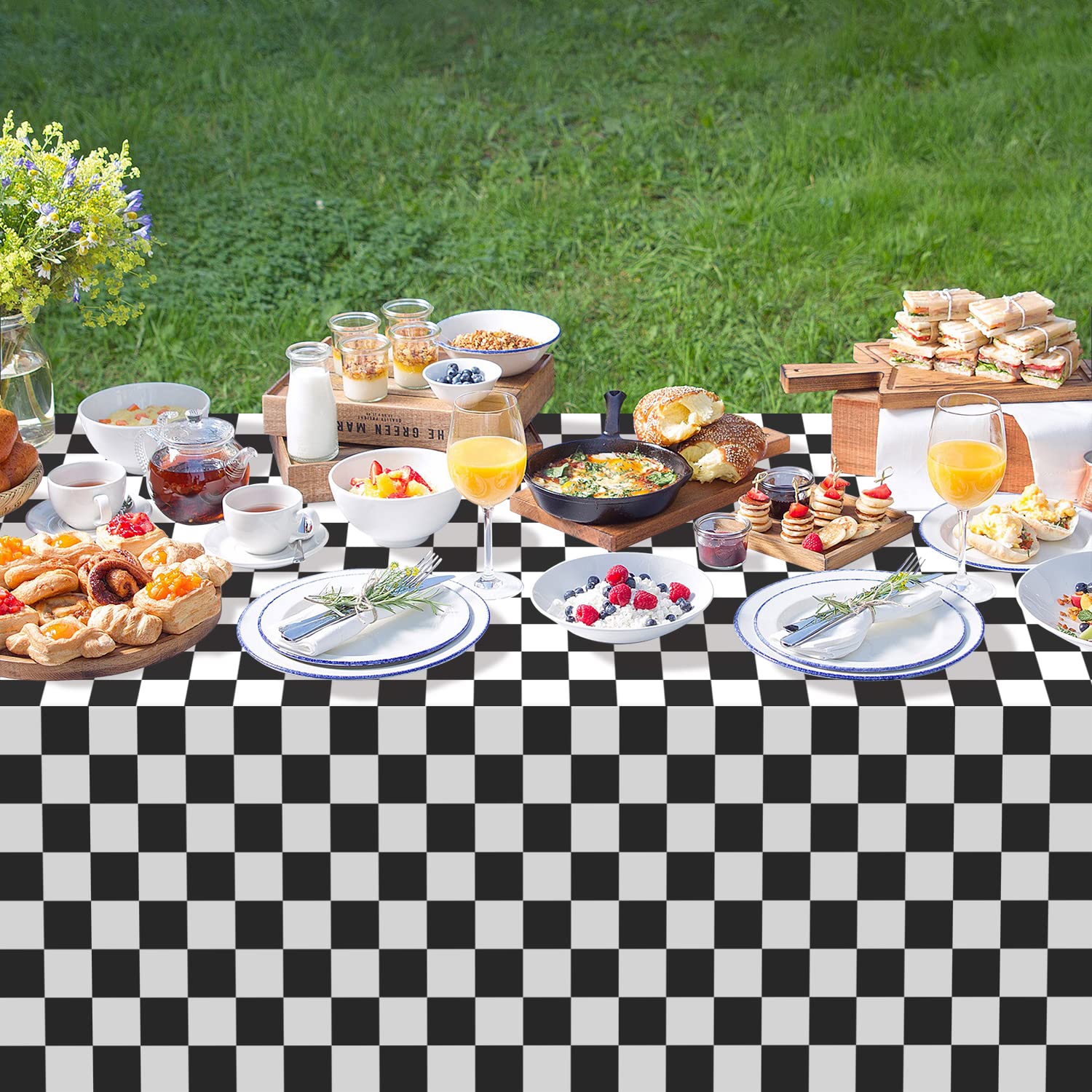 QIKSION 6 Pack Black and White Checkered Tablecloth Black Checkered Flag Tablecloth, Disposable Plastic Gingham Table Cover for Parties, Outdoor Picnic, Race Car Birthday Party(54 × 108 Inch)