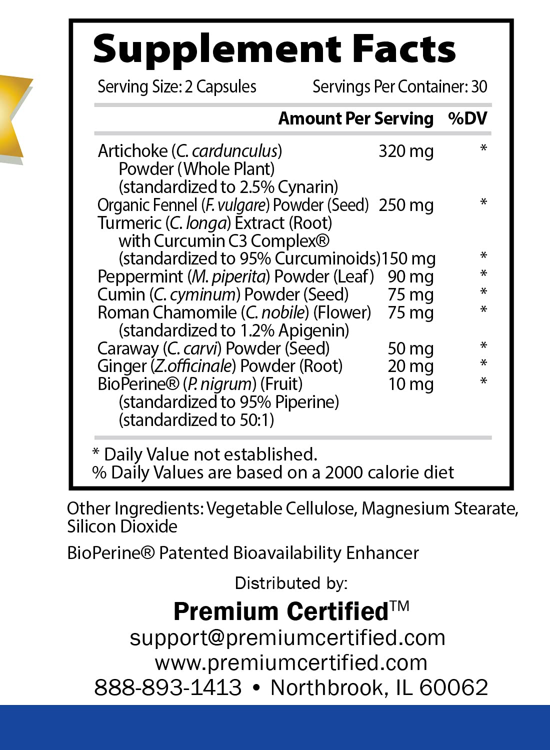 Premium Certified Gas Relief - Soothe Digestive Tract and Bloating - 60 Capsules - with Artichoke, Ginger, and Fennel, Curcumin C3 Turmeric Complex - Non-GMO, Vegan, Made in USA
