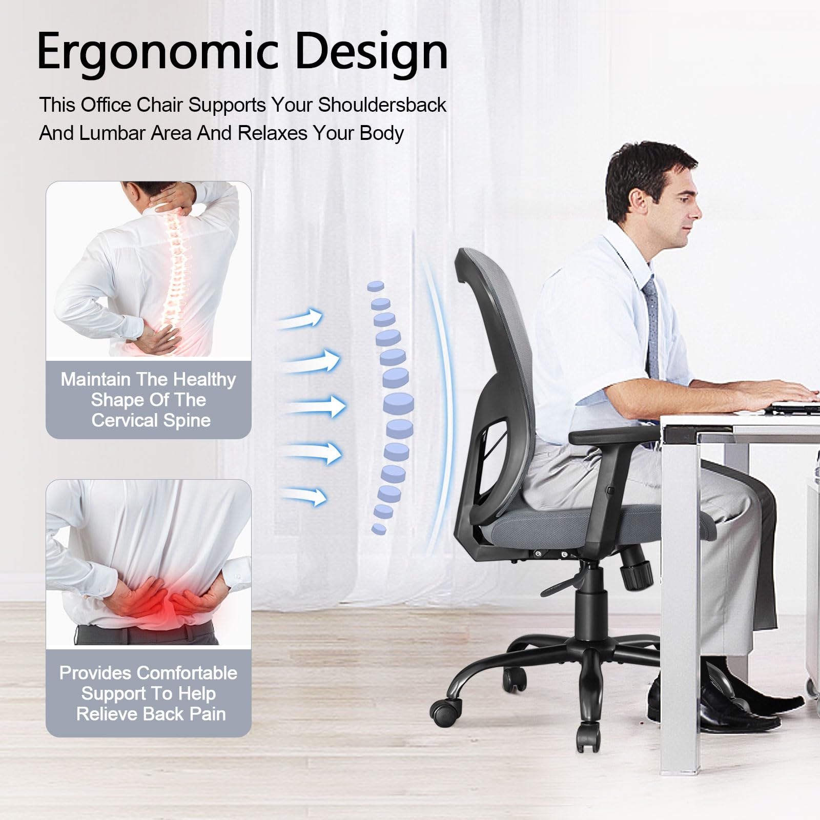 Office Chair Ergonomic Desk Chair with Adjustable Lumabr Support & 2D Armrest, Home Office Desk Chairs Breathable Rocking Computer Executive Chair Adjustable Height Task Chair350lbs (Grey)