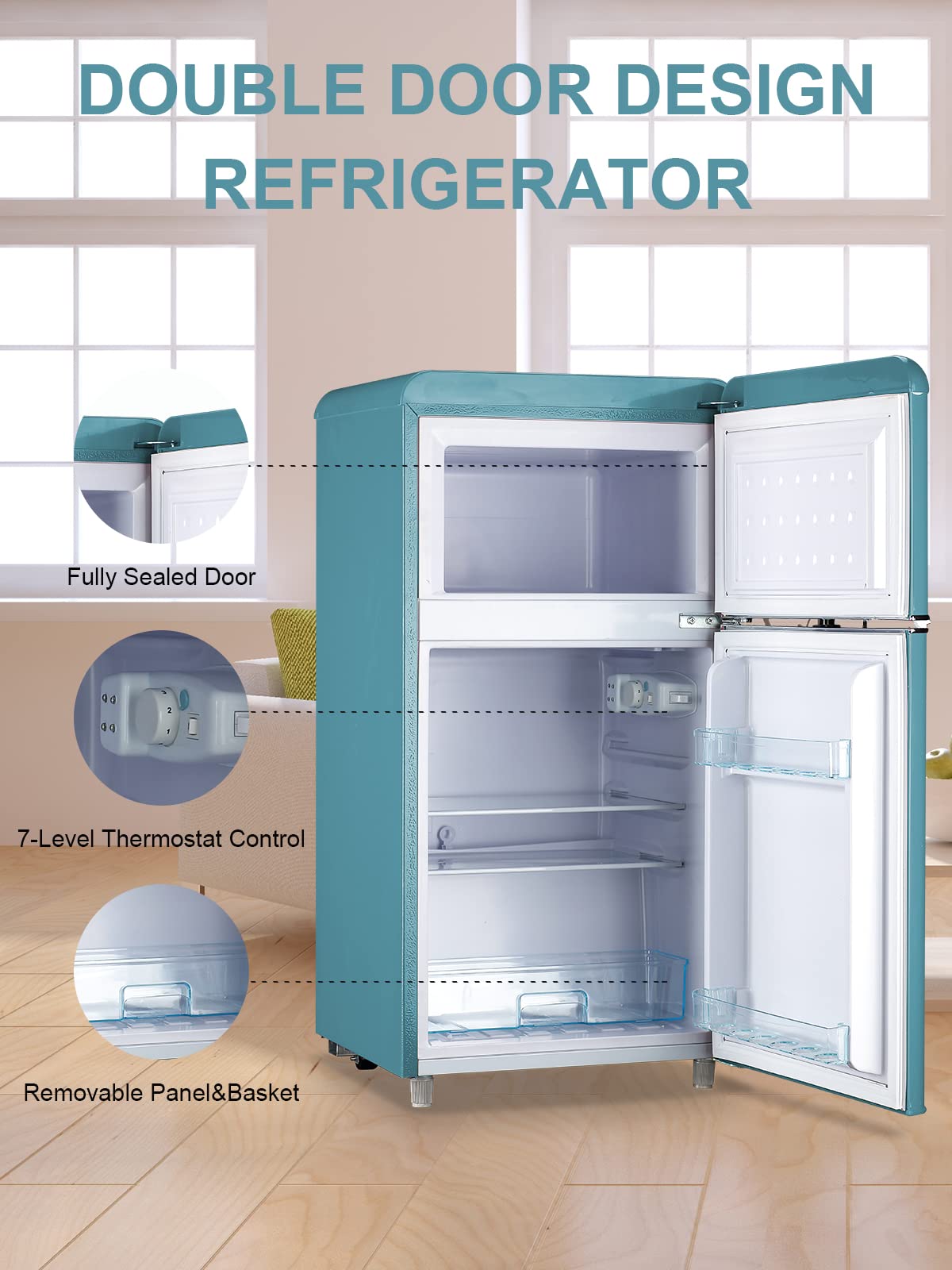 WANAI Compact Refrigerator 3.5 Cu.Ft Retro Mini Fridge with Freezer Dual Door Small Refrigerator with Adjustable Temperature,LED Lights, Removable Shelves, Mini Refrigerator for Dorm, Office, Bedroom