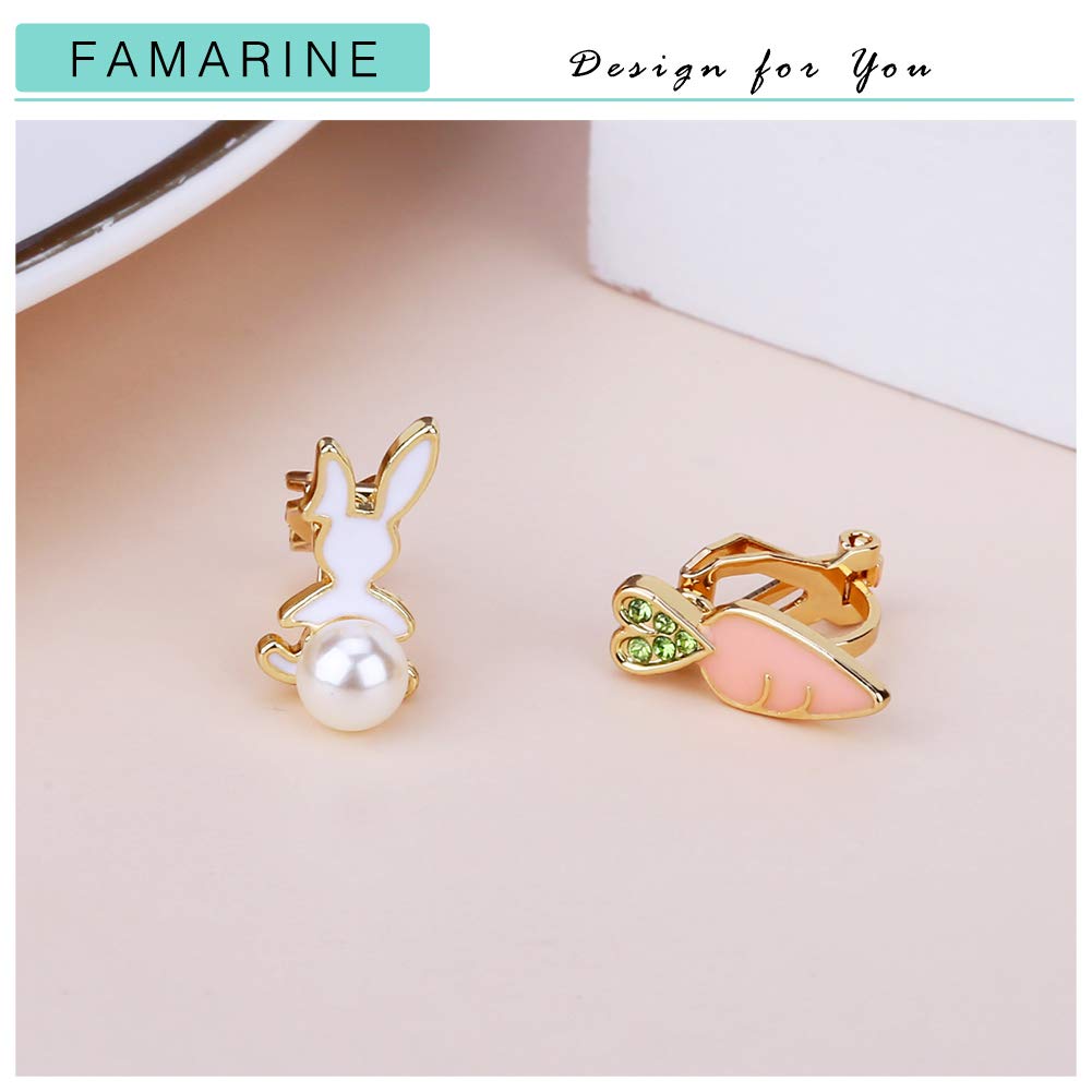 White Rabbit Bunny Carrot Clip On Earrings Crystal Pearl Cute Funny Earring For Women Easter Gifts