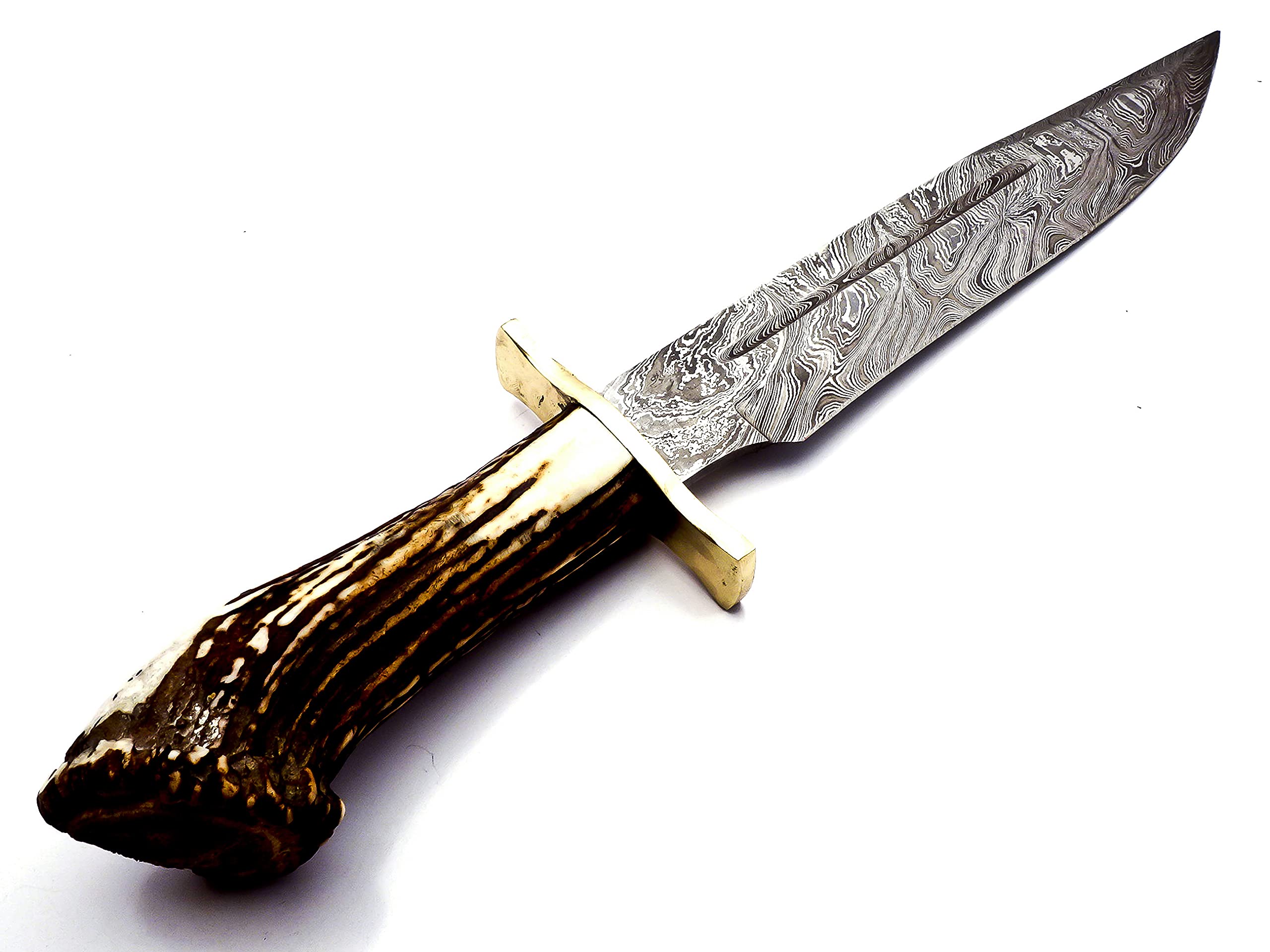 Skokie Knives Damascus Steel Bowie Knife Bull Horn Handle with & Brass Guard β16β Handmade Premium Quality Sharp Edge Fix Blade -Genuine Multipurpose Knife Ideal for Hunting, Camping (Stage B)