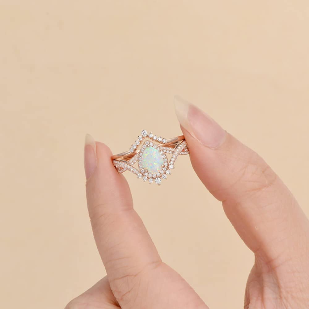 YDD 14k Rose Gold 1.5ct Pear Shaped Opal Engagement Rings for Women Opal & Moissanite Bridal Set Vintage Halo Infinity Ring Set 2pcs Inspired V Shaped Wedding Band Anniversary Free Engraved
