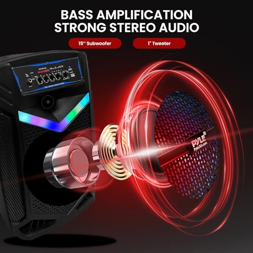 Pyle Portable Bluetooth PA Speaker System - 1200W Rechargeable Outdoor Bluetooth Speaker Portable PA System w/ 15β Subwoofer 1β Tweeter, Recording Function Mic In Party Lights USB/SD Radio PPHP1542B